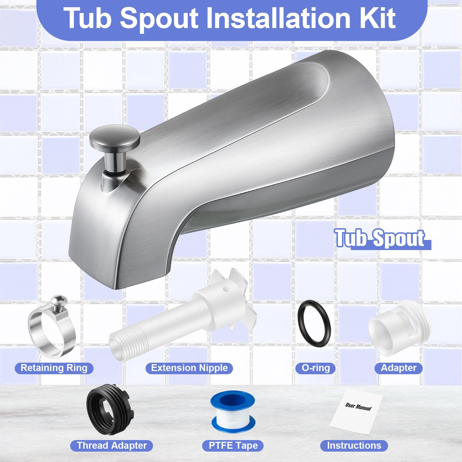 Enhon Tub Spout with Diverter, Universal Fits 1/2'' Copper Pipe, 1/2'' IPS and 3/4'' IPS, Bathroom Bathtub Tub Faucet Replacement with Adapters (Brushed Nickel)