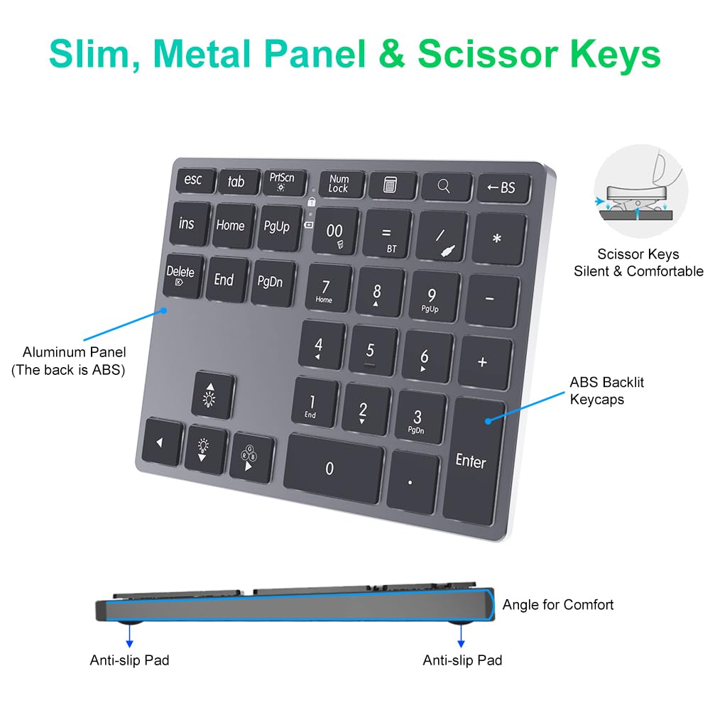 LINKEET Tri-Mode Aluminum Numpad 7-Color Backlit Bluetooth 5.0/Wired USB-C/2.4G Wireless Number Pad Slim 35-Key Rechargeable Numeric Keypad External Keyboard Num Pad for Laptop, Mac - Black Grey