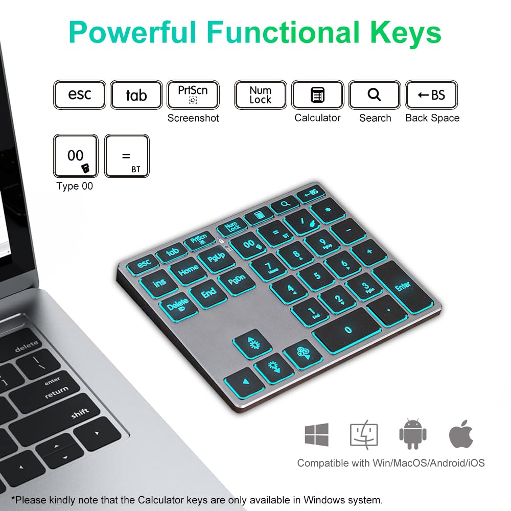 LINKEET Tri-Mode Aluminum Numpad 7-Color Backlit Bluetooth 5.0/Wired USB-C/2.4G Wireless Number Pad Slim 35-Key Rechargeable Numeric Keypad External Keyboard Num Pad for Laptop, Mac - Black Grey