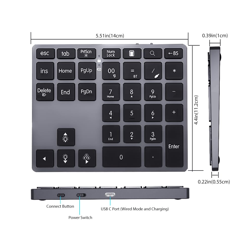 LINKEET Tri-Mode Aluminum Numpad 7-Color Backlit Bluetooth 5.0/Wired USB-C/2.4G Wireless Number Pad Slim 35-Key Rechargeable Numeric Keypad External Keyboard Num Pad for Laptop, Mac - Black Grey