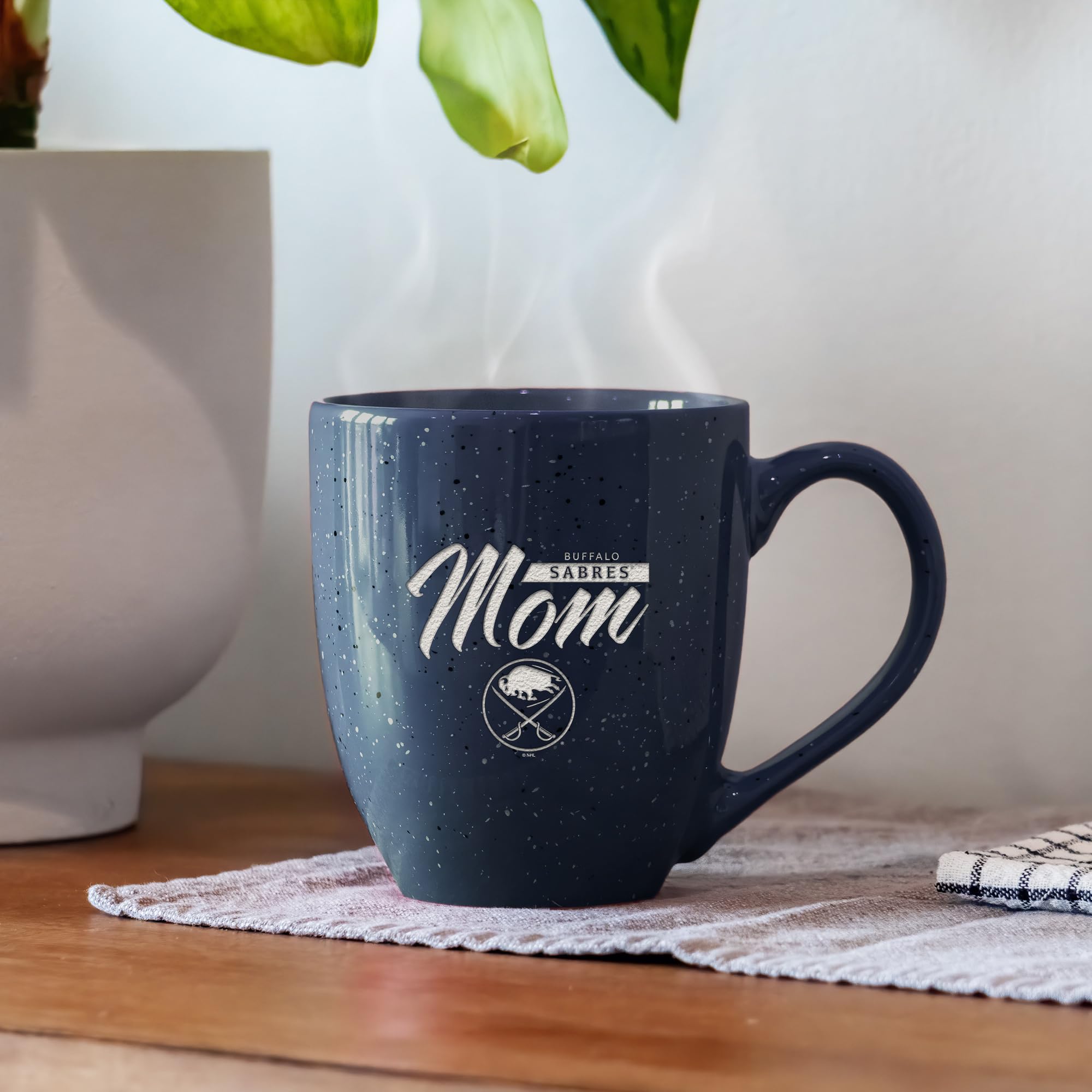 Rico Industries NHL Hockey Buffalo Sabres Mom 16 oz Team Color Laser Engraved Speckled Ceramic Coffee Mug