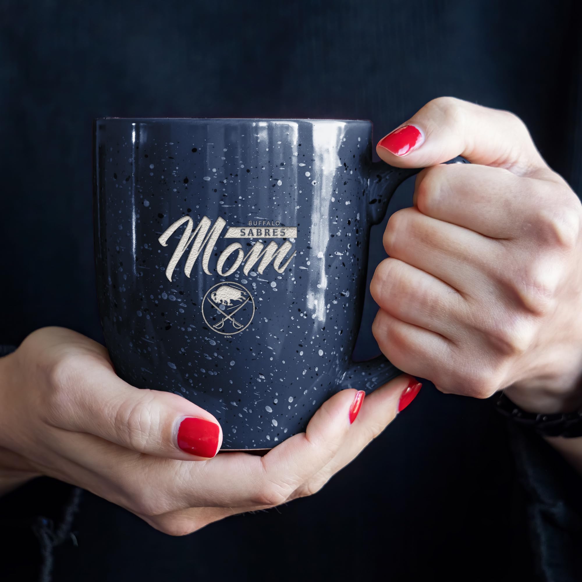 Rico Industries NHL Hockey Buffalo Sabres Mom 16 oz Team Color Laser Engraved Speckled Ceramic Coffee Mug