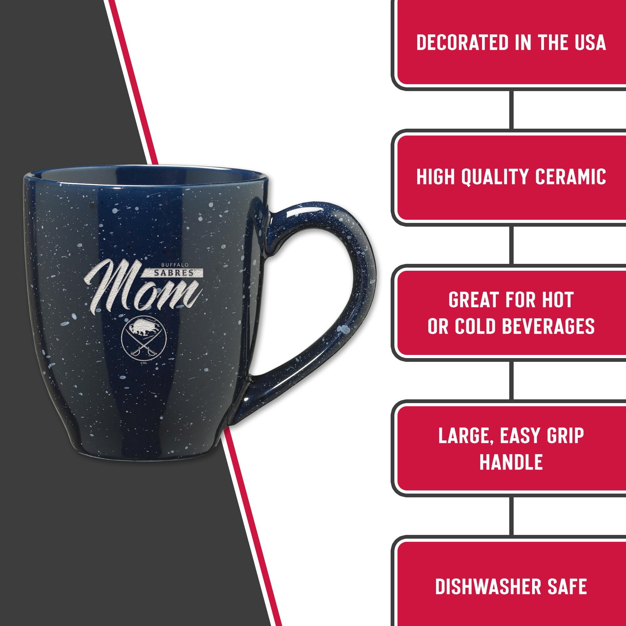 Rico Industries NHL Hockey Buffalo Sabres Mom 16 oz Team Color Laser Engraved Speckled Ceramic Coffee Mug