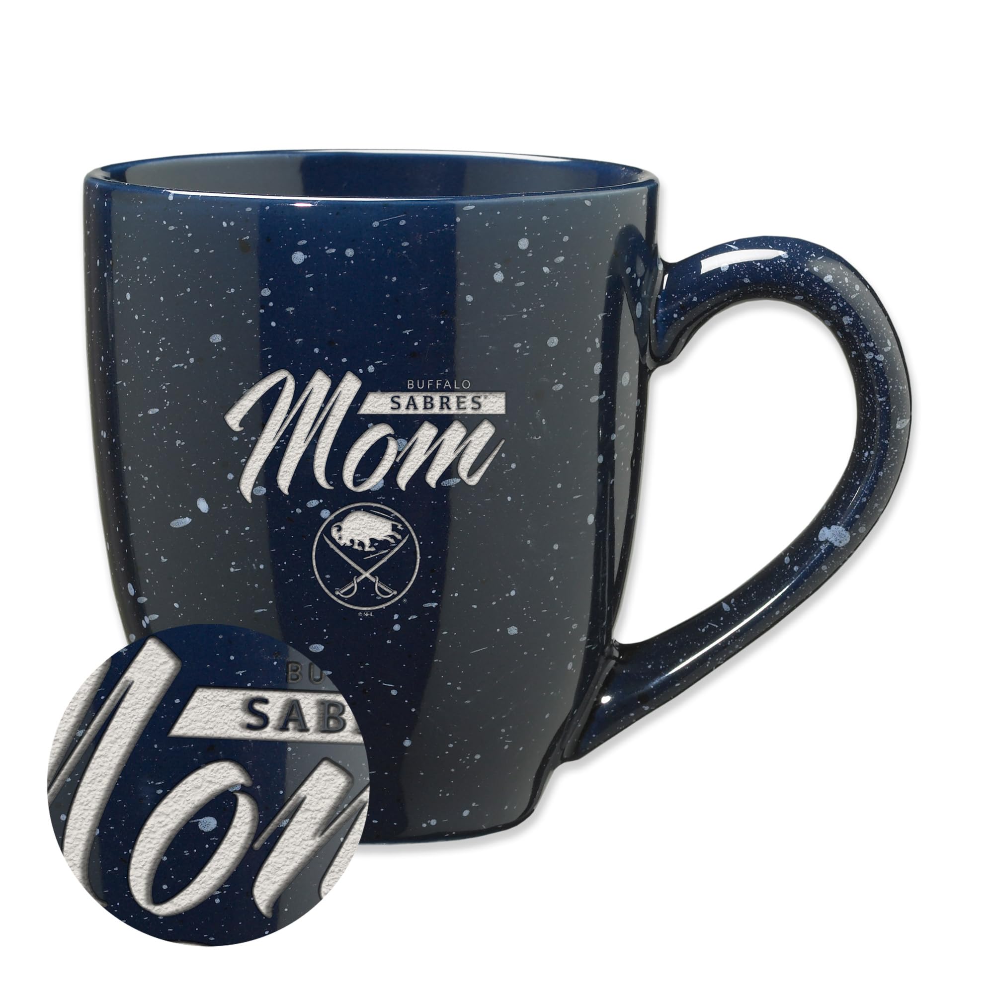 Rico Industries NHL Hockey Buffalo Sabres Mom 16 oz Team Color Laser Engraved Speckled Ceramic Coffee Mug