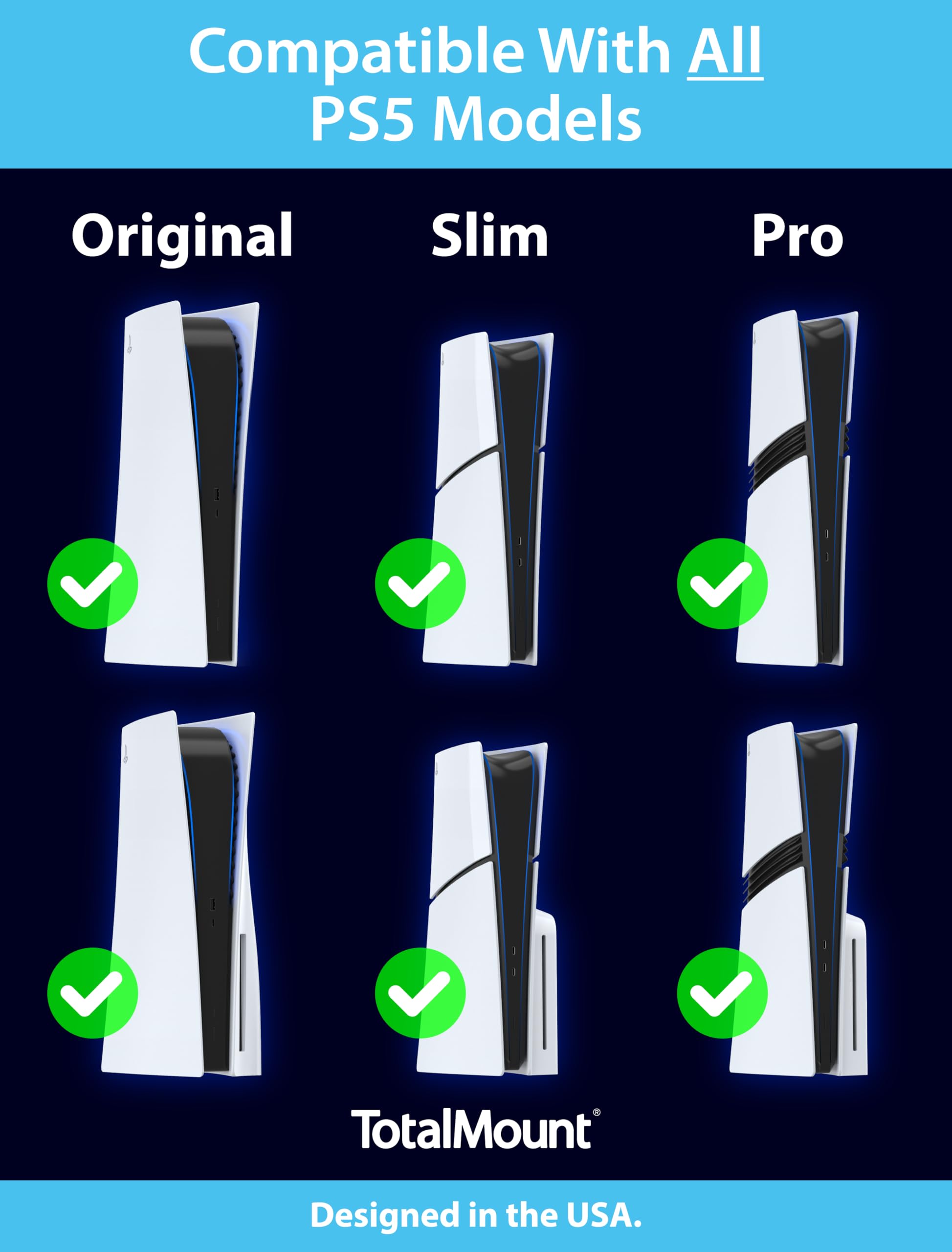 TotalMount Wall Mount for All PS5 Models – Bonus: Holds Two Controllers (Compatible with All PS5 Models Including Slim, Pro, and Original)