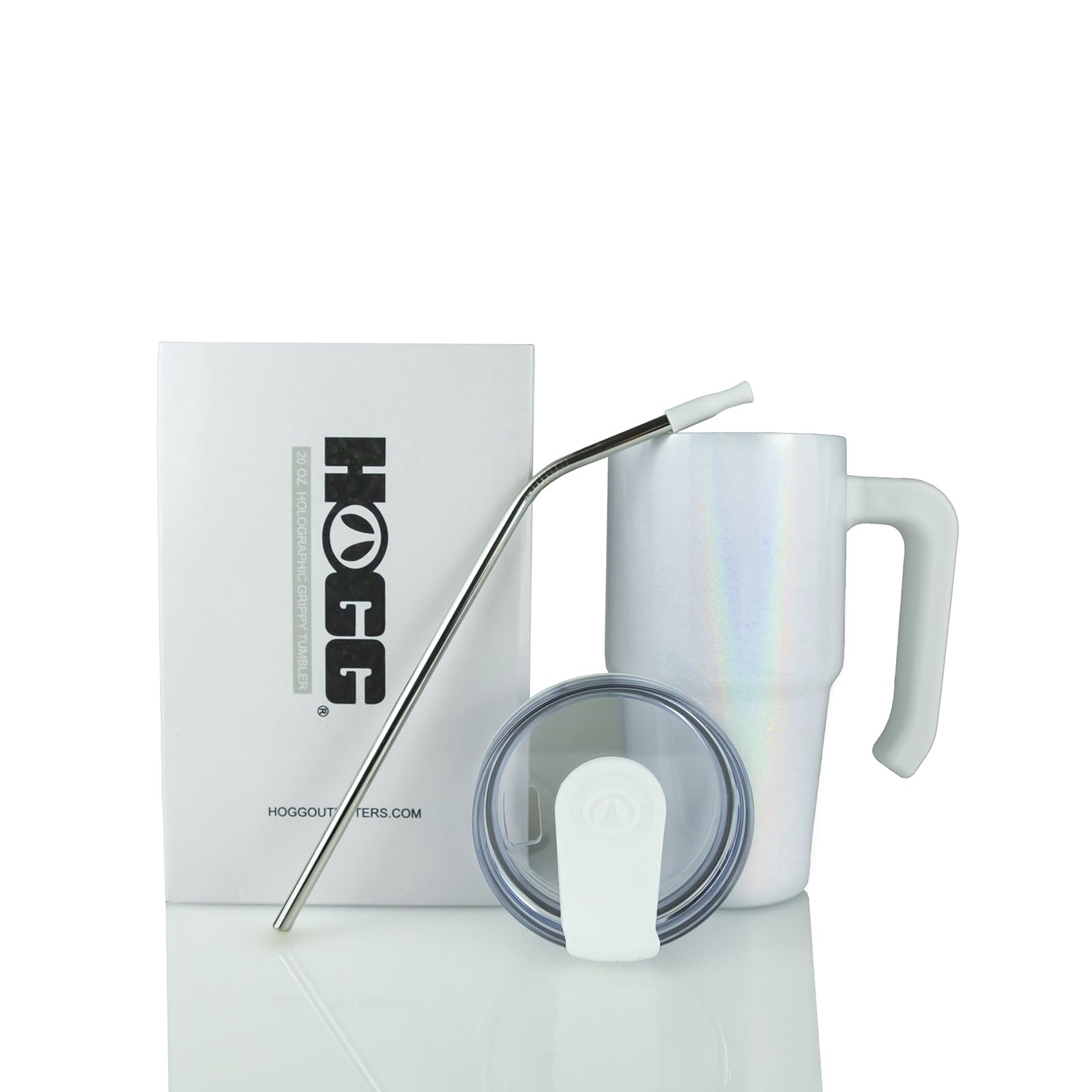 Hogg 20oz Sublimatable Grippy Tumbler Case (24 Pack) with Removable Handles, Lids, and Stainless Steel Straws, DIY, Customizable, Double Wall Insulated Tumblers (Holographic)