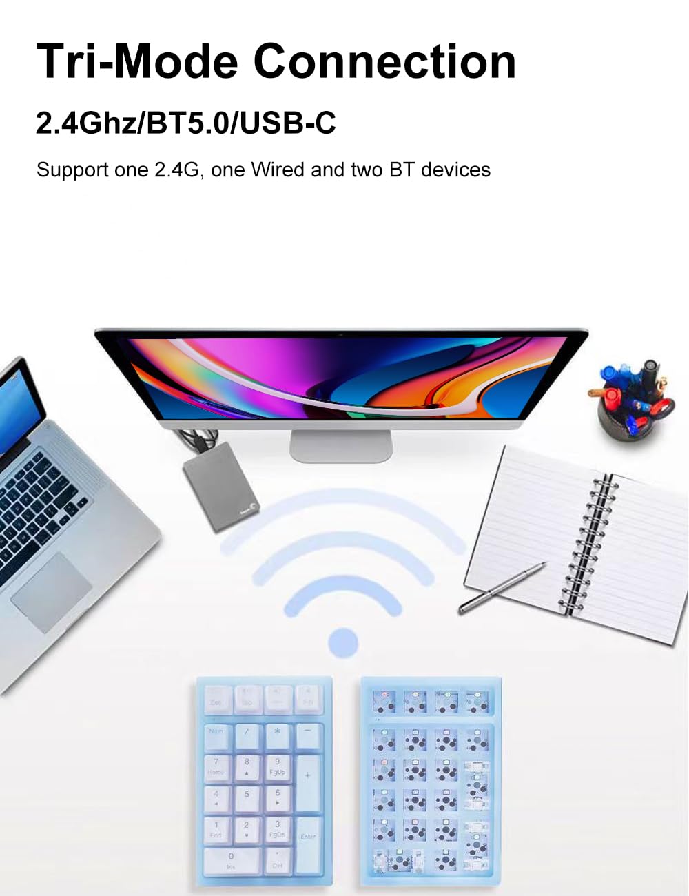 LINKEET Tri-Mode Mechanical Numpad RGB Backlit Bluetooth 5.0/Wired USB-C/2.4G Wireless Macro Number Pad 21-Key NKRO Hot Swappable Numeric Keypad Rechargeable External Num Pad for Laptop, Mac
