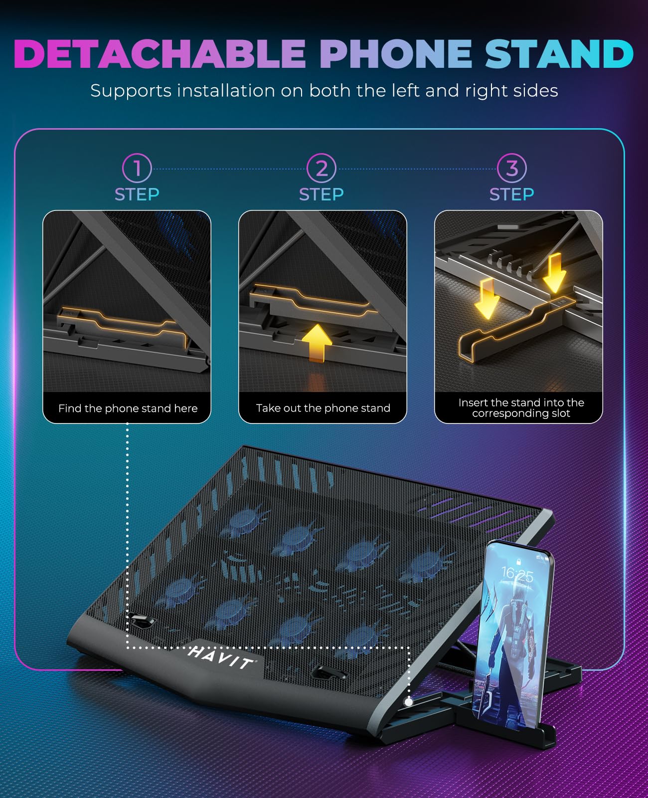 HAVIT Laptop Cooling Pad with 8 Cooling Fans, Laptop Cooler 6 Adjustable Heights for 12-15.6 Inch Laptops, Gaming Laptop Cooling Stand with a Phone Stand Two USB Ports