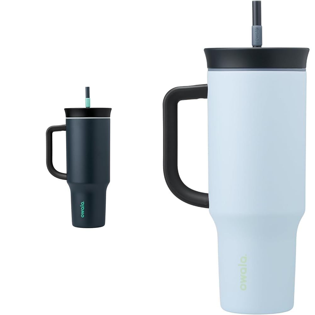 Owala 40oz Stainless Steel Insulated Travel Tumbler Bundle with Spill Resistant Lid, Straw - Gray Foggy Tide & Blue The Great Blue