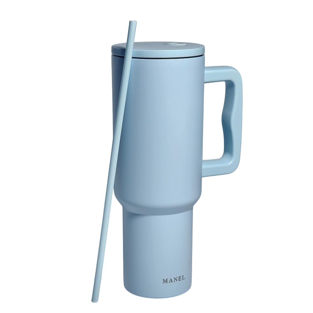 CeylonManel 40oz Stainless Steel Double Wall Vacuum Insulated Sublimation Tumbler with Handle, Straw, Lid Travel Cups in Matte Finish (Sky Blue), Large