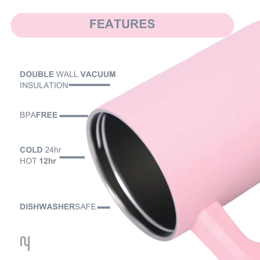 CeylonManel 40oz Stainless Steel Double Wall Vacuum Insulated Sublimation Tumbler with Handle, Straw, Lid Travel Cups in Matte Finish (Baby Pink), Large