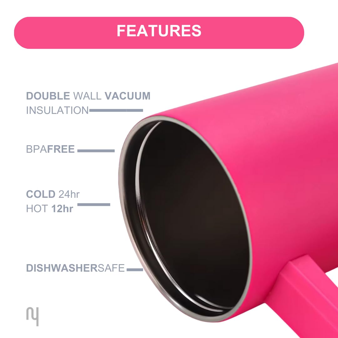 CeylonManel 40oz Stainless Steel Double Wall Vacuum Insulated Sublimation Tumbler with Handle, Straw, Lid Travel Cups in Matte Finish (Pink), Large