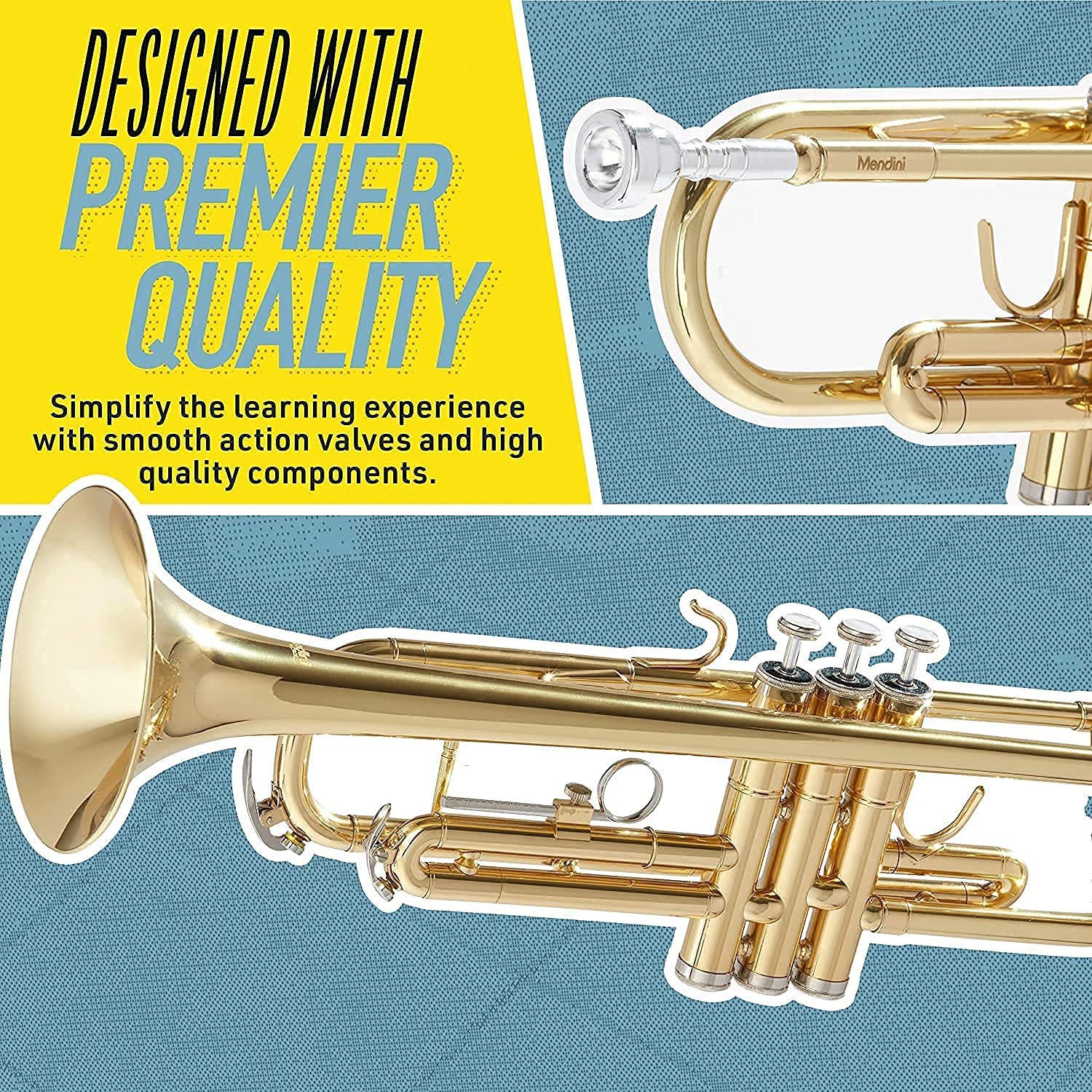 Mendini By Cecilio B Flat Bb Trumpets for Beginner or Advanced Student - Gold (Renewed)