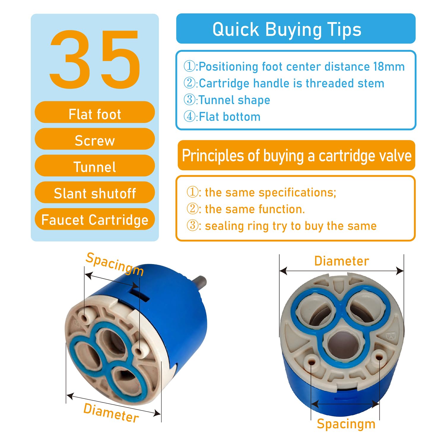 35mm Ceramic Faucet Cartridge Replacement, 35mm Faucet Cartridge Replacement for Single Handle Kitchen Basin Shower Faucets, Ceramic Faucet Valve