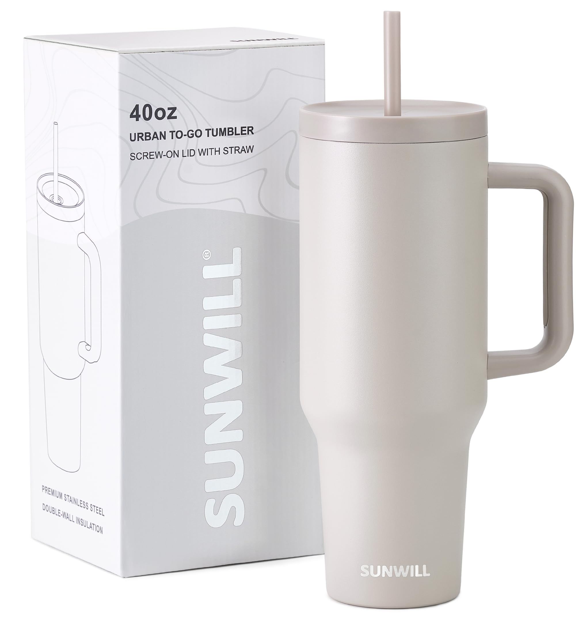 SUNWILL Travel Coffee Tumbler with Lid and Straw, 40 oz Tumbler with Handle, Tumbler Cups, Insulated Reusable Stainless Steel Coffee Mug for Office and Home, Cupholder Friendly, Almond