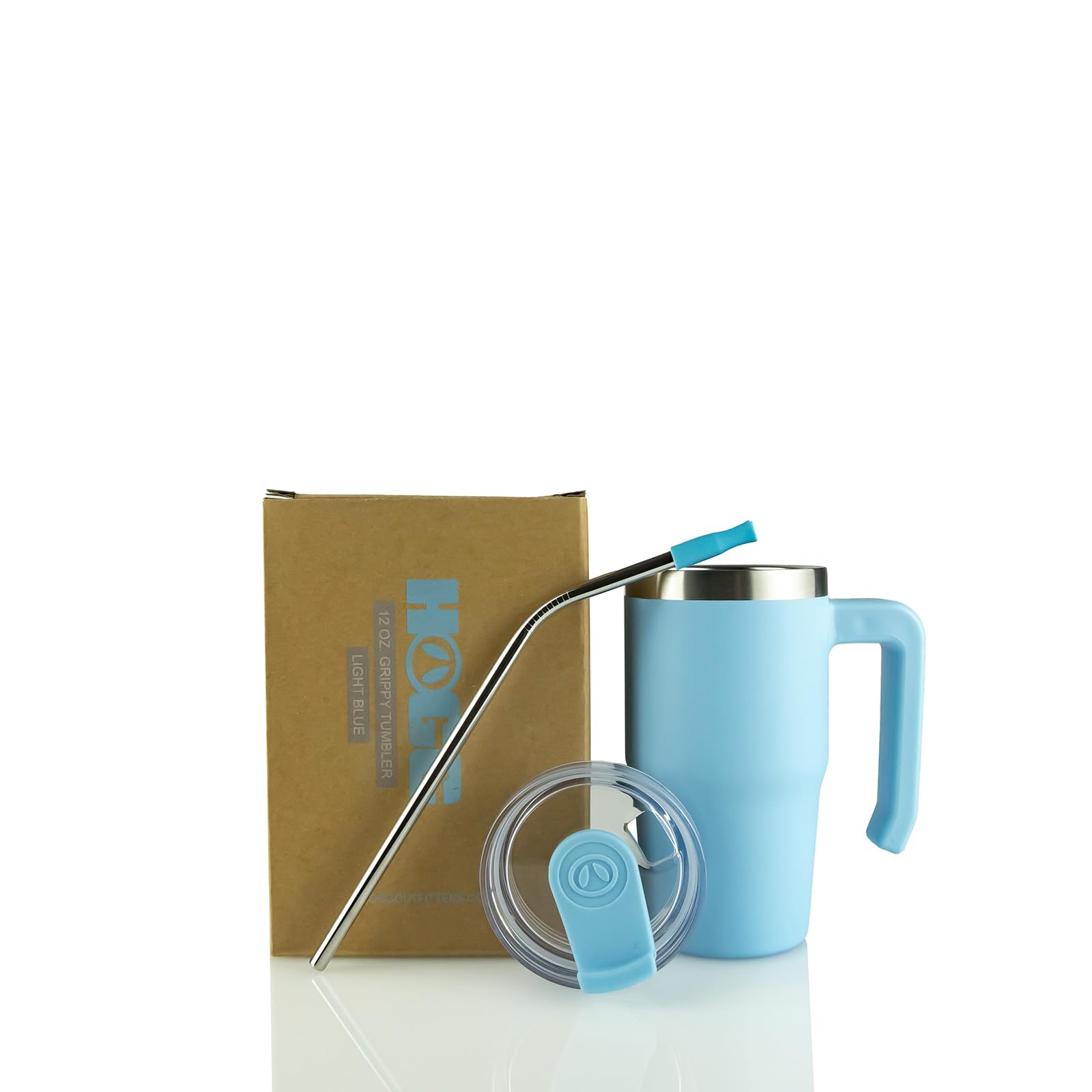 Hogg 12oz Grippy Powder Coated Tumbler with Removable Handle, Lid, and Stainless Steel Straw, DIY, Customizable, Double Wall Insulated Tumblers (Light Blue)