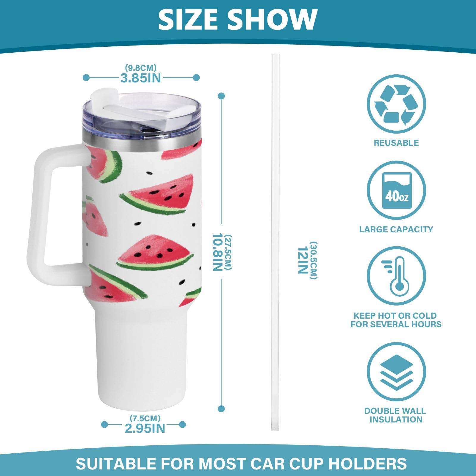 Blueangle 40 oz Watermelon Slices Tumbler with Handle and Straw Lid, Insulated Cup Reusable Stainless Steel Water Bottle Travel Mug（368）