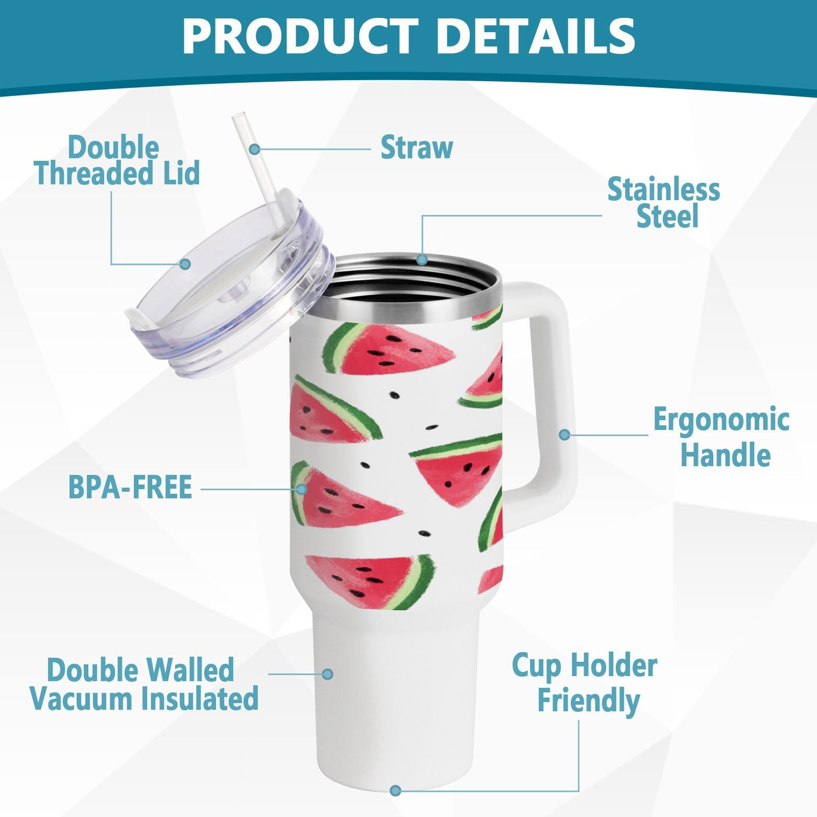 Blueangle 40 oz Watermelon Slices Tumbler with Handle and Straw Lid, Insulated Cup Reusable Stainless Steel Water Bottle Travel Mug（368）