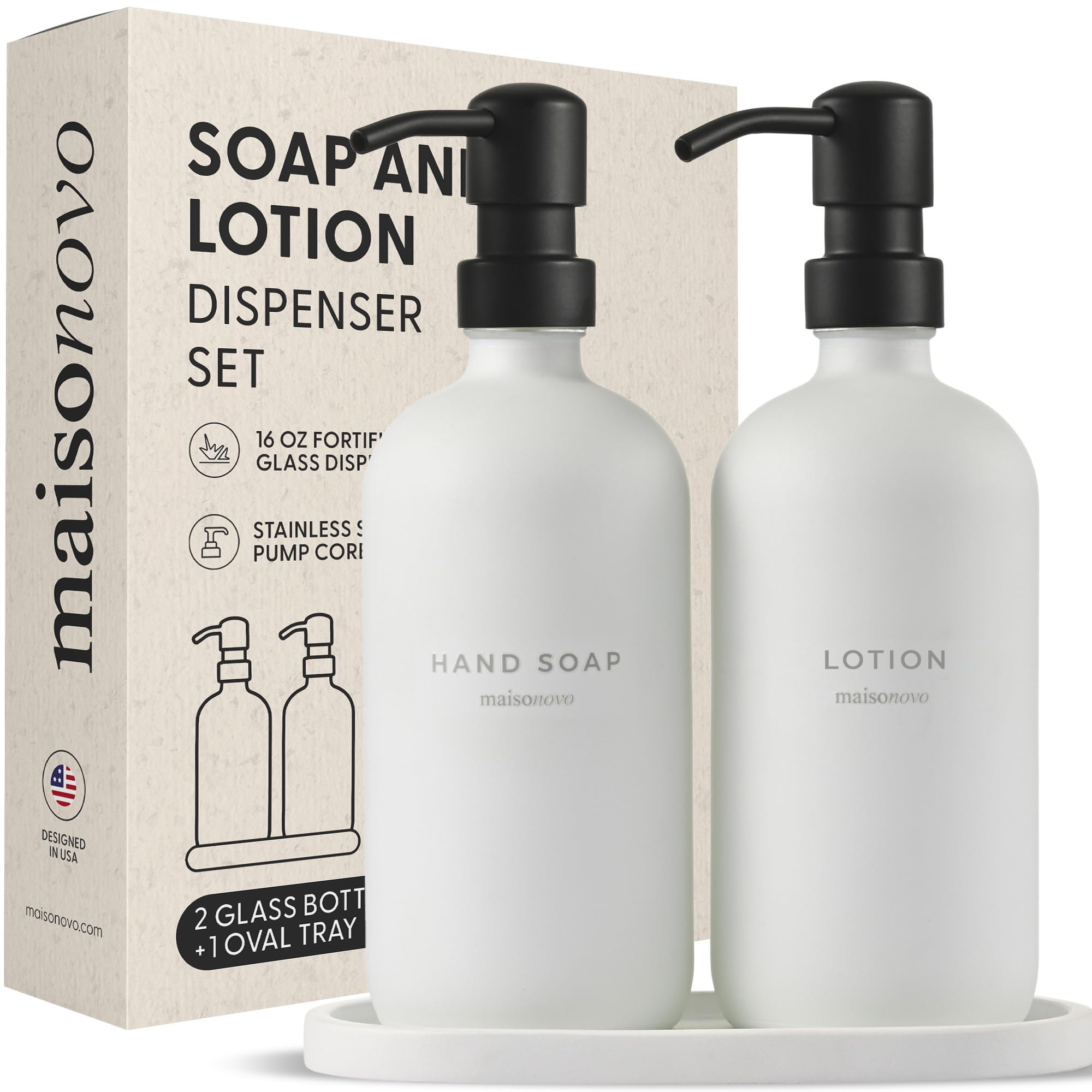MaisoNovo Soap Dispenser 3-Piece Set | 16.9oz White Bottles with Black Stainless Steel Pumps