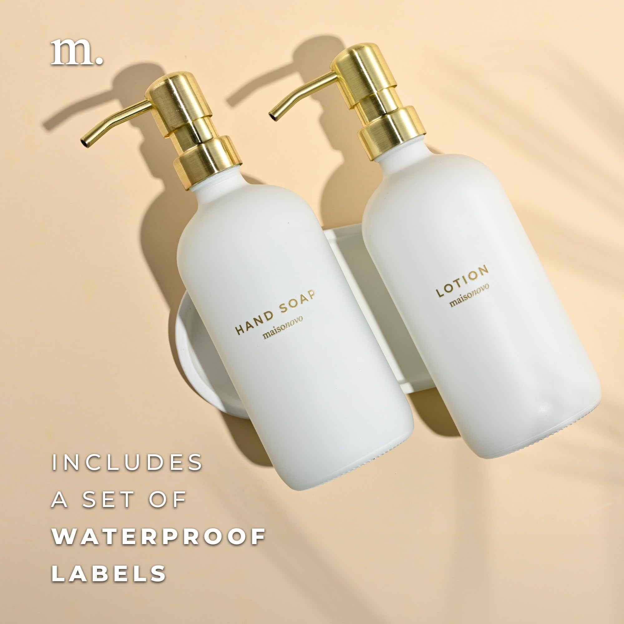 MaisoNovo Soap Dispenser 3-Piece Set | 16.9oz White Bottles with Gold Stainless Steel Pumps