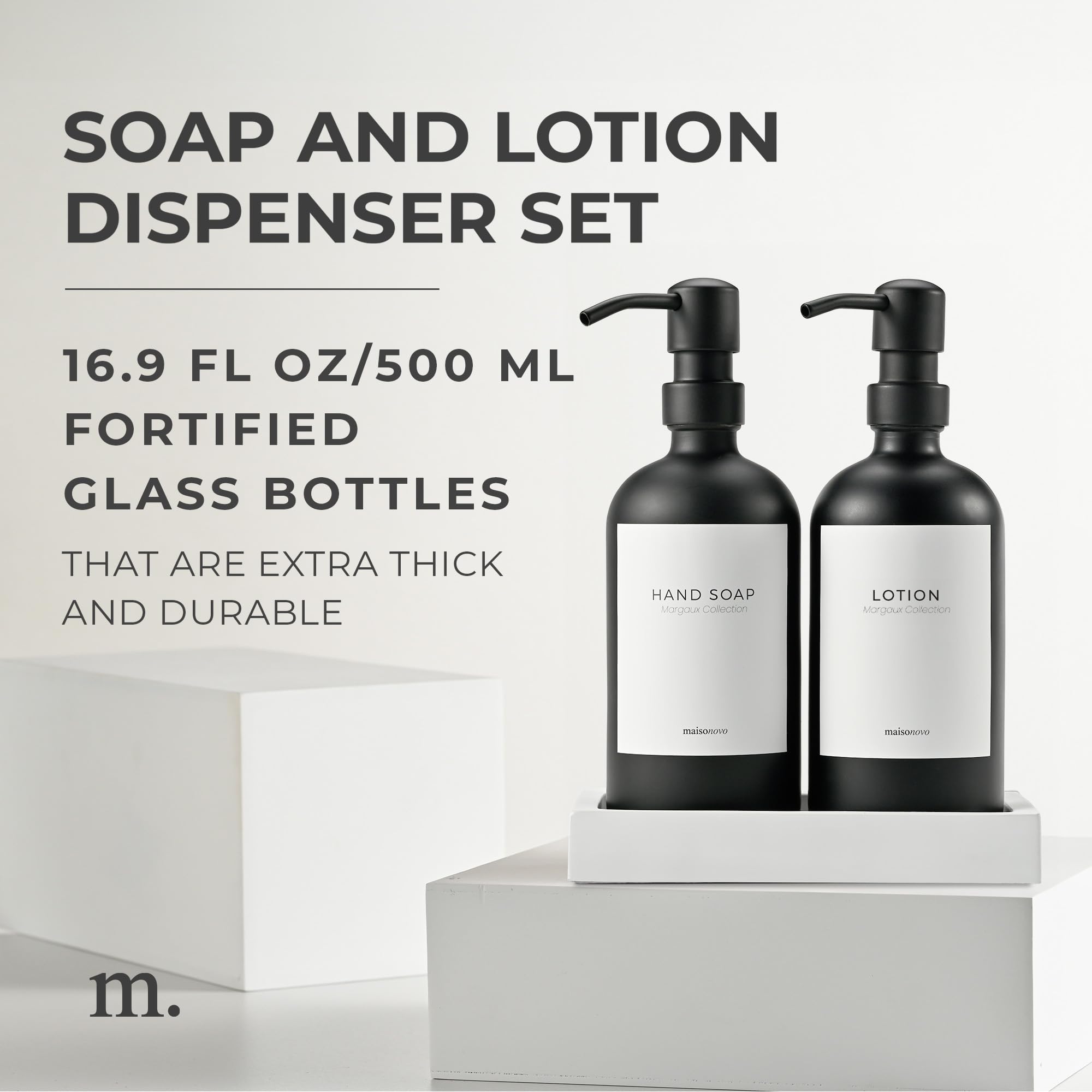 MaisoNovo Soap Dispenser 3-Piece Set | 16.9oz Black Bottles with Black Stainless Steel Pumps