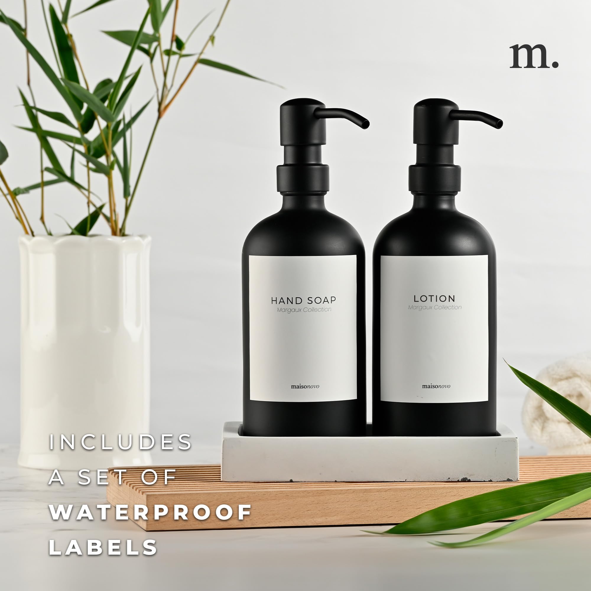 MaisoNovo Soap Dispenser 3-Piece Set | 16.9oz Black Bottles with Black Stainless Steel Pumps