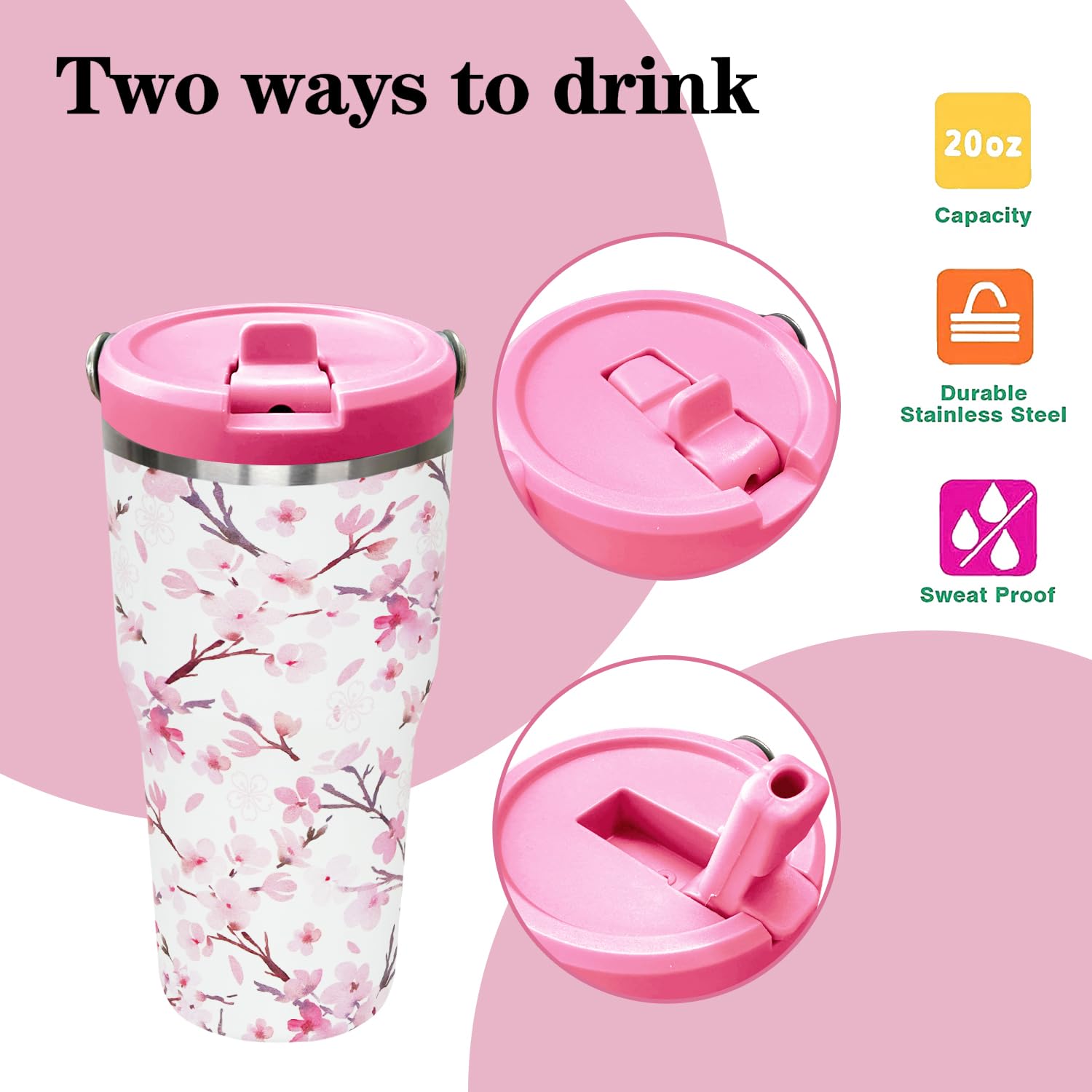 Hachishun 20 oz Cherry Blossom Tumbler with Handle Tumblers with Flip Straw and Top Handle Stainless Steel Coffee Mug Cherry Blossom Cup