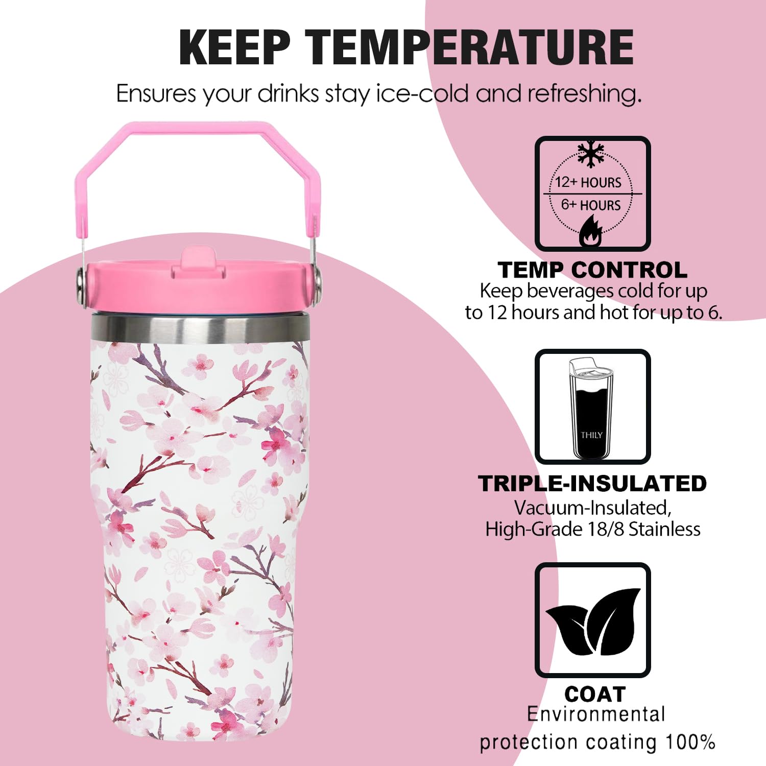 Hachishun 20 oz Cherry Blossom Tumbler with Handle Tumblers with Flip Straw and Top Handle Stainless Steel Coffee Mug Cherry Blossom Cup