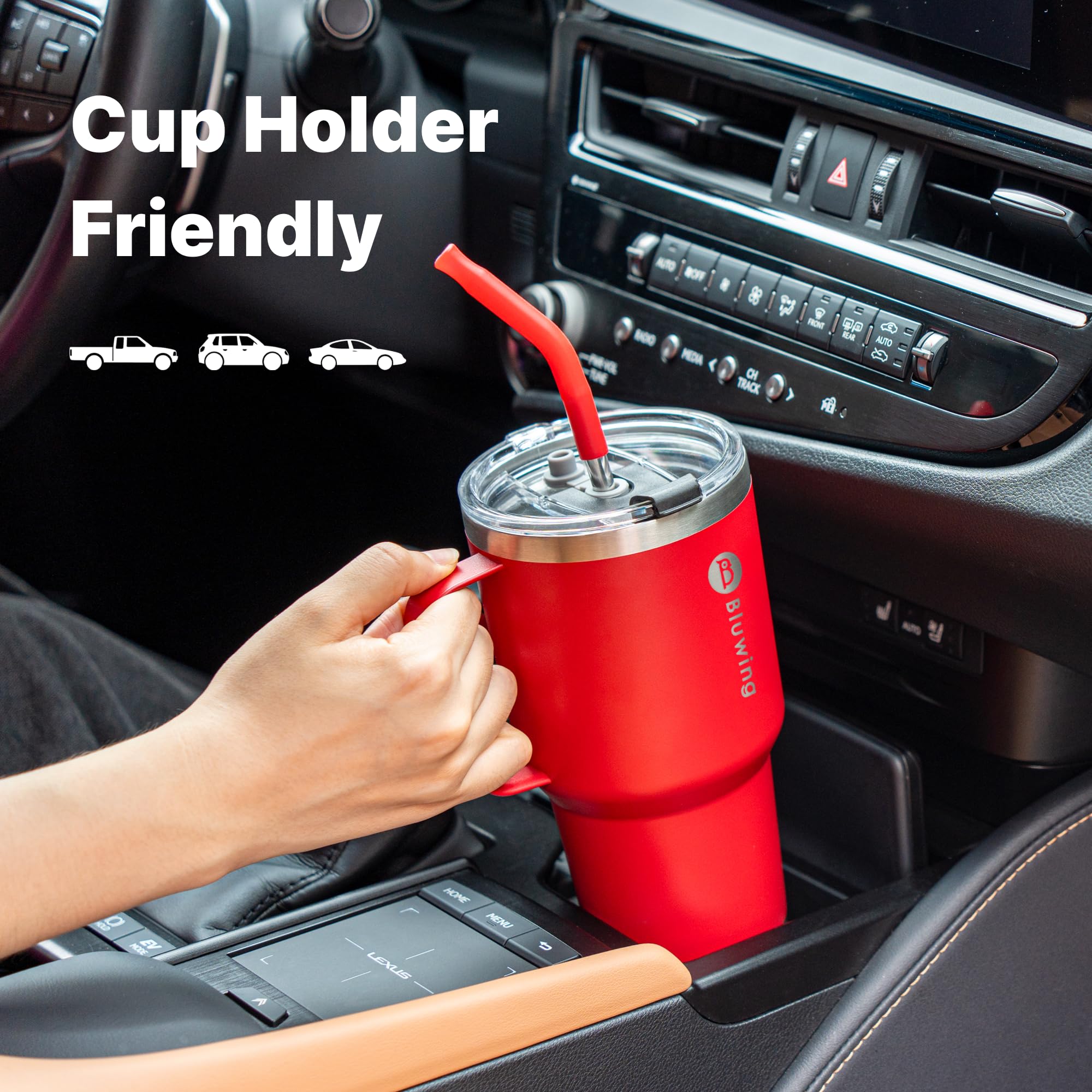 Bluwing Travel Mugs with Handle 30 oz Stainless Steel Double Wall Insulated Coffee Tumblers with Lid and Straw (Black)