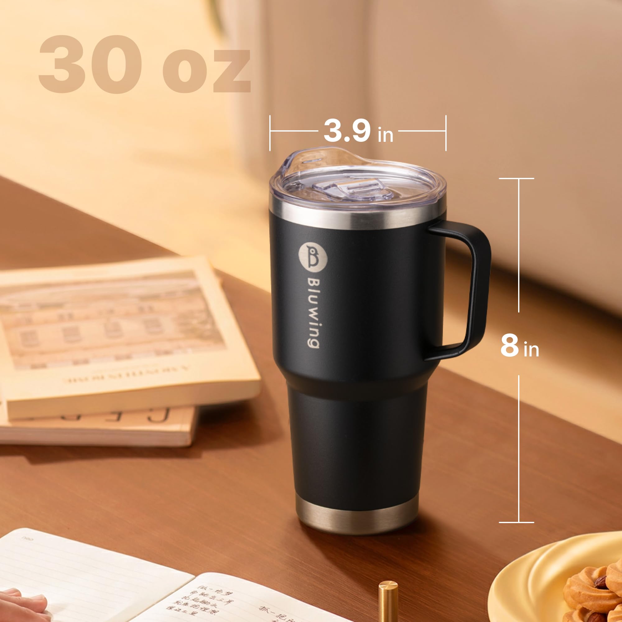 Bluwing Travel Mugs with Handle 30 oz Stainless Steel Double Wall Insulated Coffee Tumblers with Lid and Straw (Black)