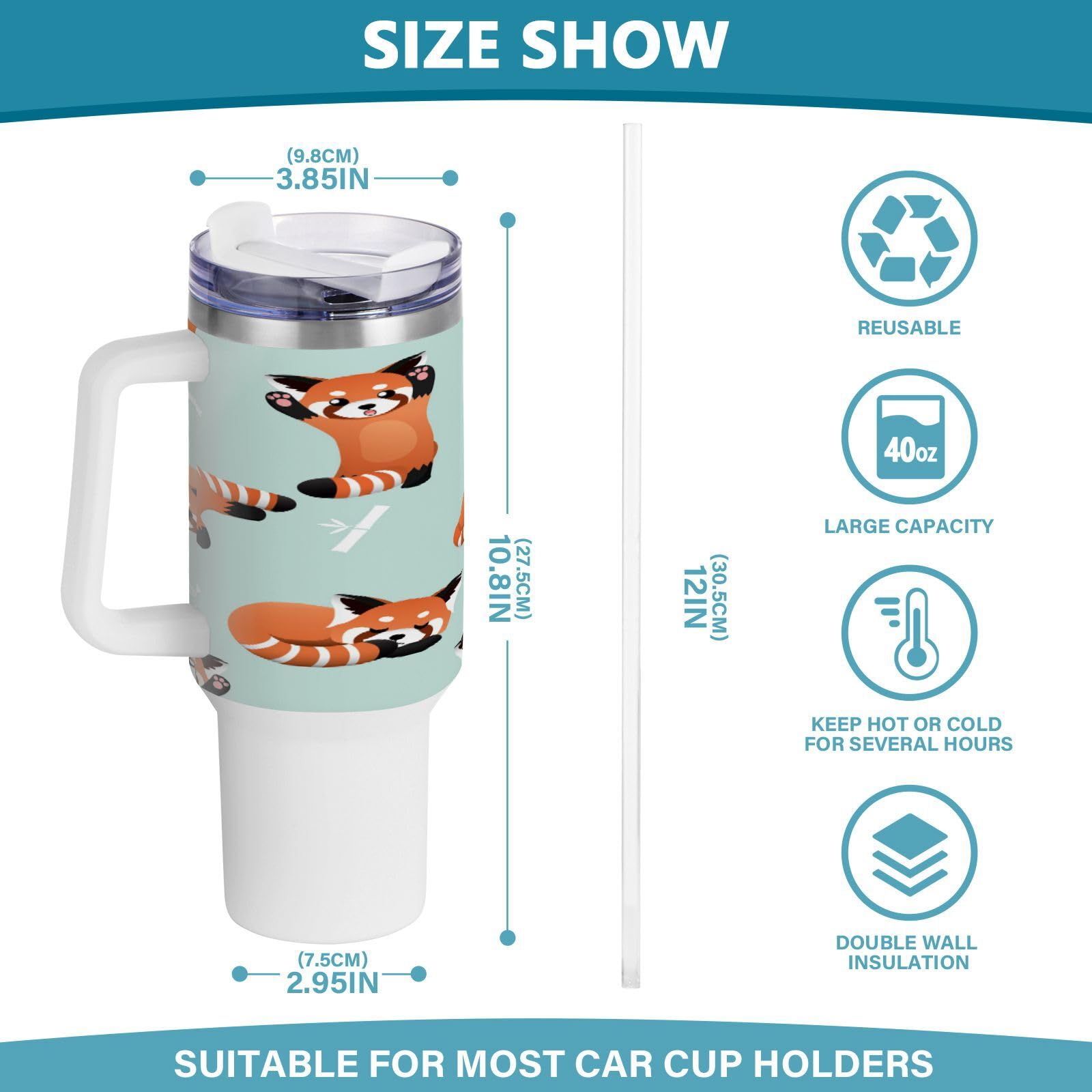 Blueangle 40 oz Cute Red Panda Tumbler with Handle and Straw Lid, Insulated Cup Reusable Stainless Steel Water Bottle Travel Mug（739）