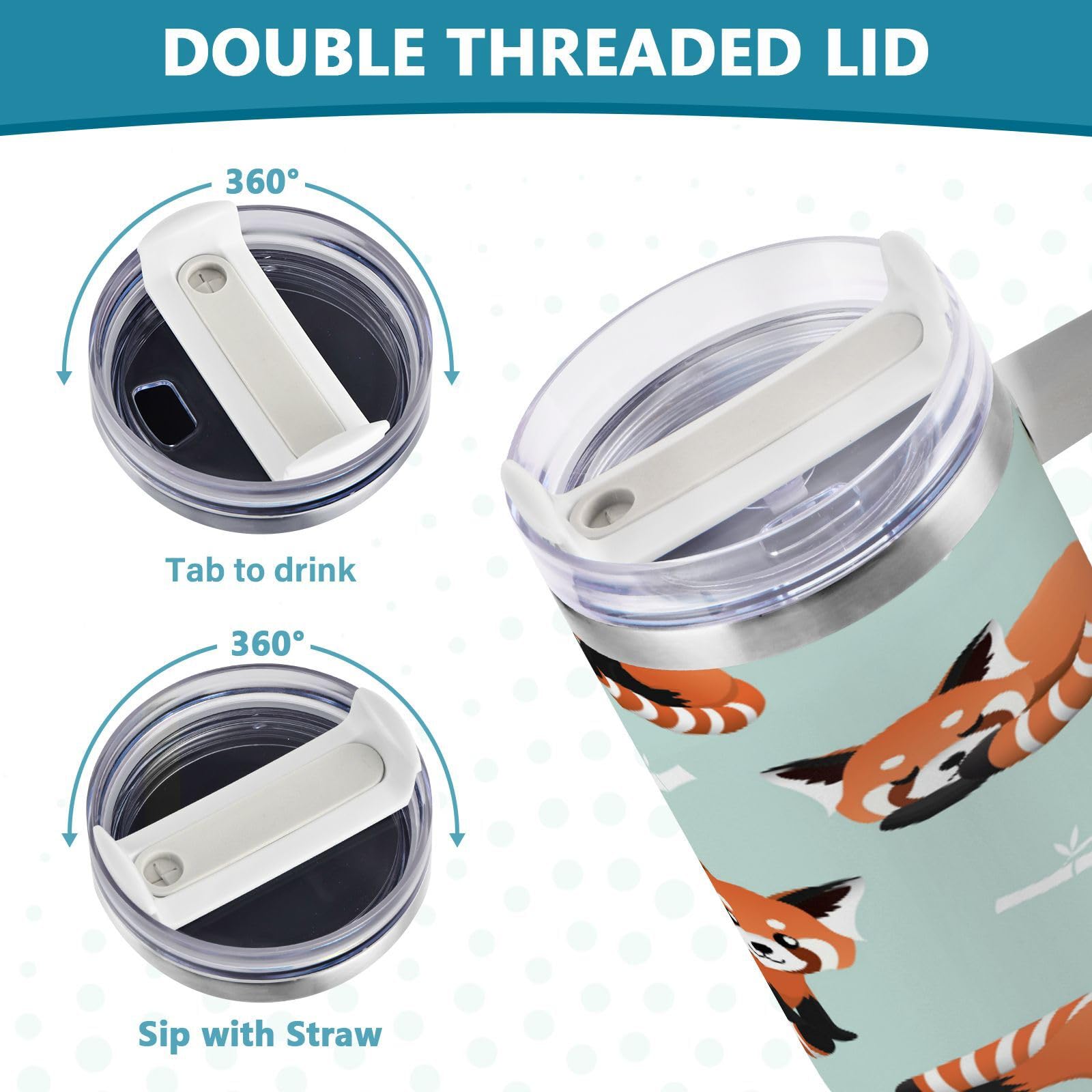 Blueangle 40 oz Cute Red Panda Tumbler with Handle and Straw Lid, Insulated Cup Reusable Stainless Steel Water Bottle Travel Mug（739）