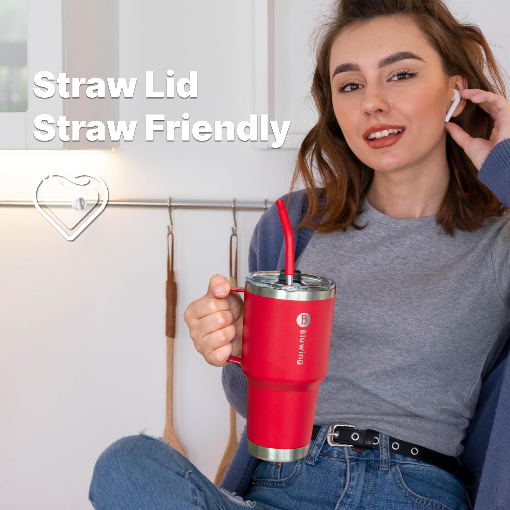 Bluwing Travel Mugs with Handle 30 oz Stainless Steel Double Wall Insulated Coffee Tumblers with Lid and Straw (Grass Green)