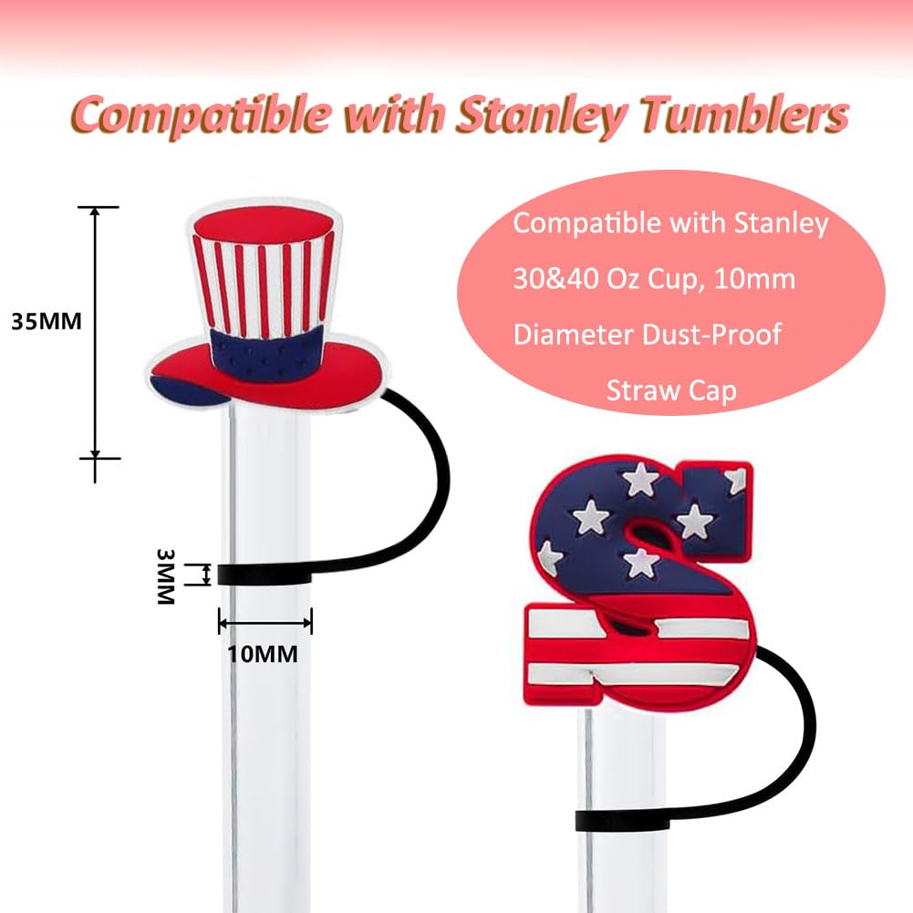 9Pcs Flag Day Straw Caps Cover Cap Topper Dust-Proof for Stanley Cup 10mm/ 0.4in, for Drinking Straw Cap Stanley Cup Accessories, Cute Silicone Tips Lids Dust-Proof for Water Bottle