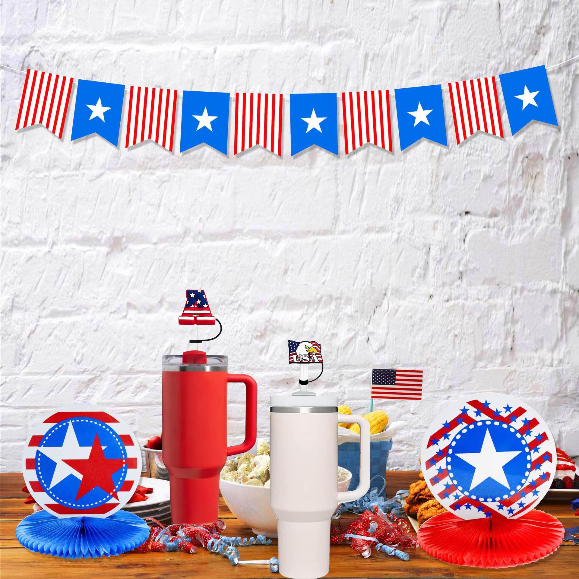 9Pcs Flag Day Straw Caps Cover Cap Topper Dust-Proof for Stanley Cup 10mm/ 0.4in, for Drinking Straw Cap Stanley Cup Accessories, Cute Silicone Tips Lids Dust-Proof for Water Bottle