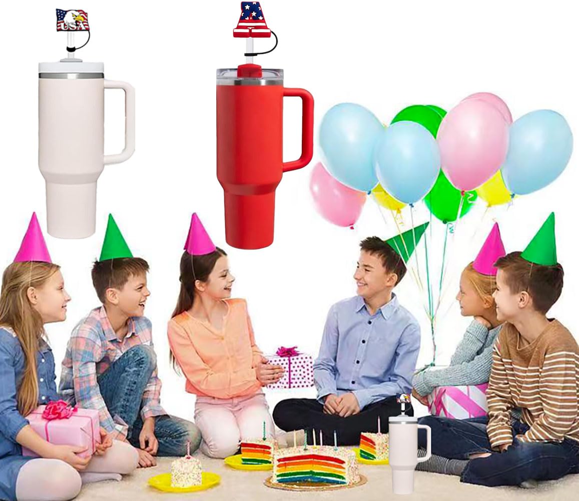 9Pcs Flag Day Straw Caps Cover Cap Topper Dust-Proof for Stanley Cup 10mm/ 0.4in, for Drinking Straw Cap Stanley Cup Accessories, Cute Silicone Tips Lids Dust-Proof for Water Bottle