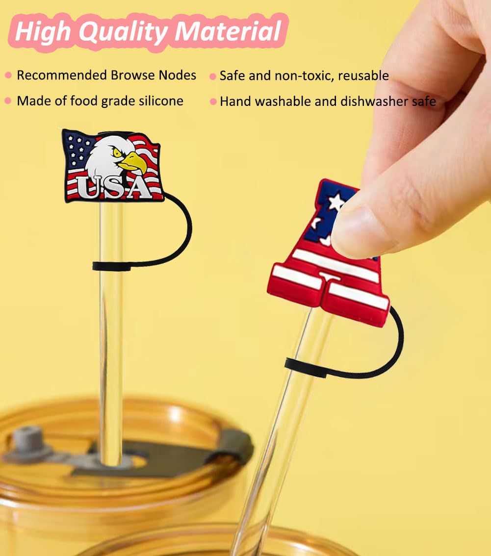 9Pcs Flag Day Straw Caps Cover Cap Topper Dust-Proof for Stanley Cup 10mm/ 0.4in, for Drinking Straw Cap Stanley Cup Accessories, Cute Silicone Tips Lids Dust-Proof for Water Bottle