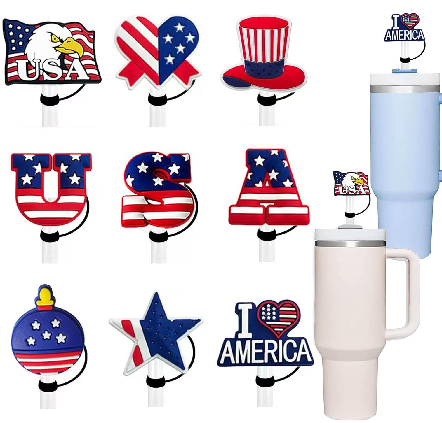 9Pcs Flag Day Straw Caps Cover Cap Topper Dust-Proof for Stanley Cup 10mm/ 0.4in, for Drinking Straw Cap Stanley Cup Accessories, Cute Silicone Tips Lids Dust-Proof for Water Bottle