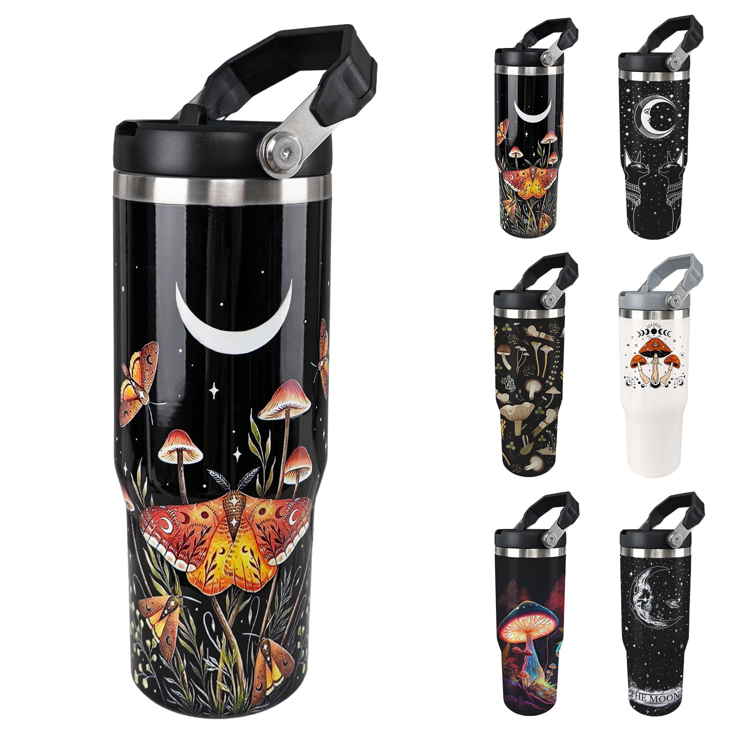 Unyopsa Mushroom Tumbler with Handle 30oz Vacuum Insulated Mushroom Cup with Lid and Straw Mushroom Gifts for Women Men
