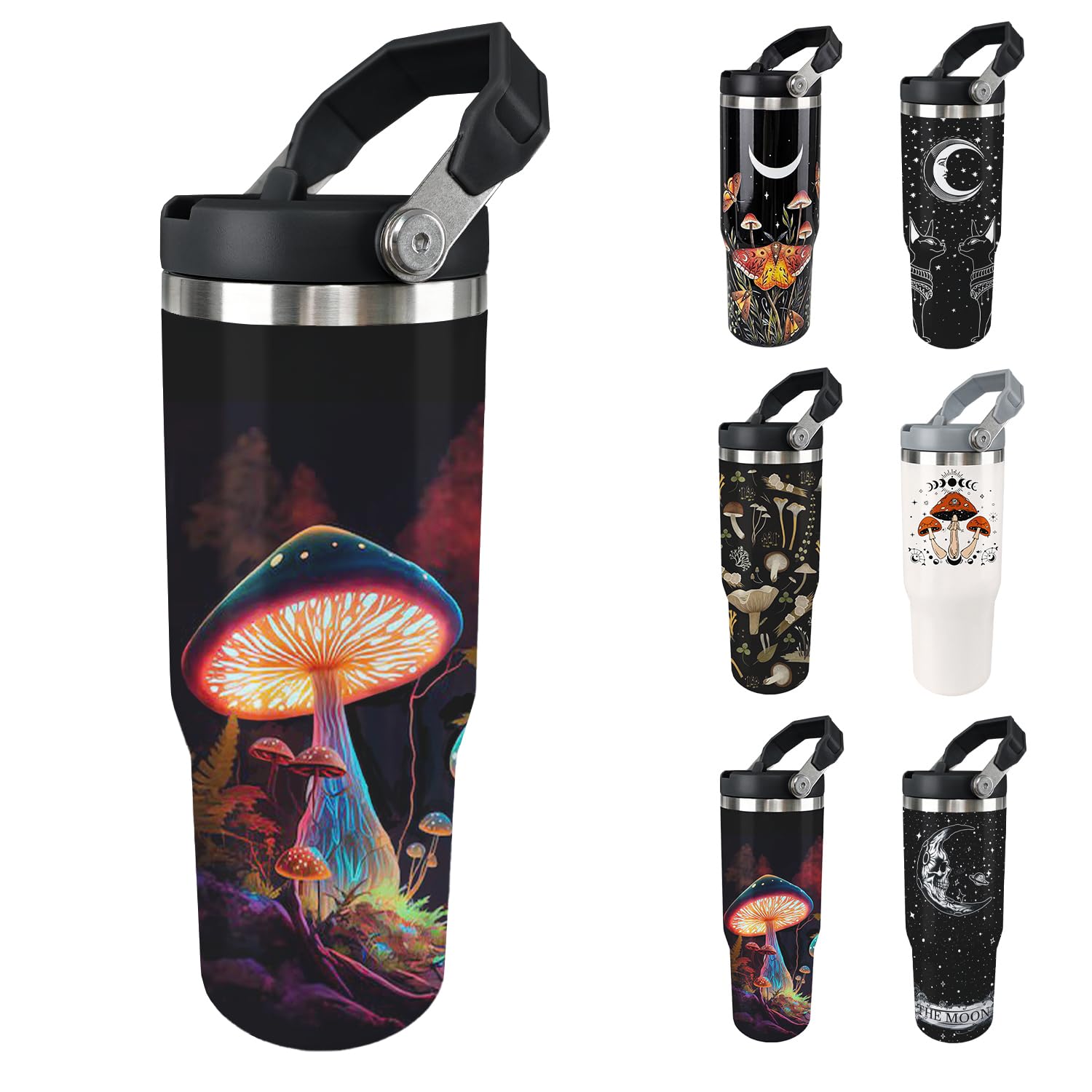 Unyopsa Mushroom Tumbler with Handle 30oz Vacuum Insulated Mushroom Cup with Lid and Straw Mushroom Gifts for Women Men