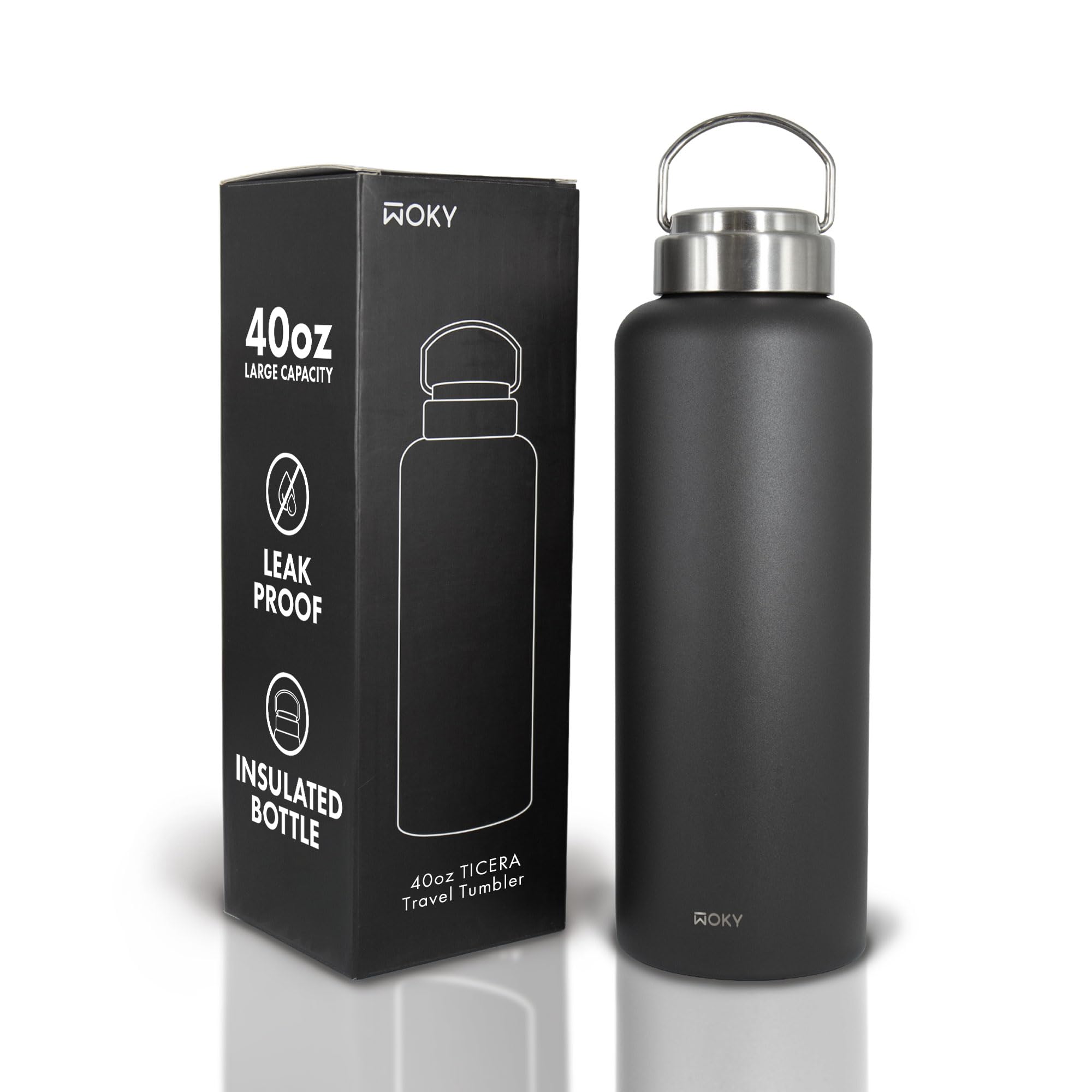 WOKY TICERA 40oz Titanium Ceramic Coated Tumbler - Stainless Steel Vacuum Insulated Water Bottle, Leak-Proof, Hook Handle Lid - Ideal for Gym, Travel, and Everyday Use (Black)