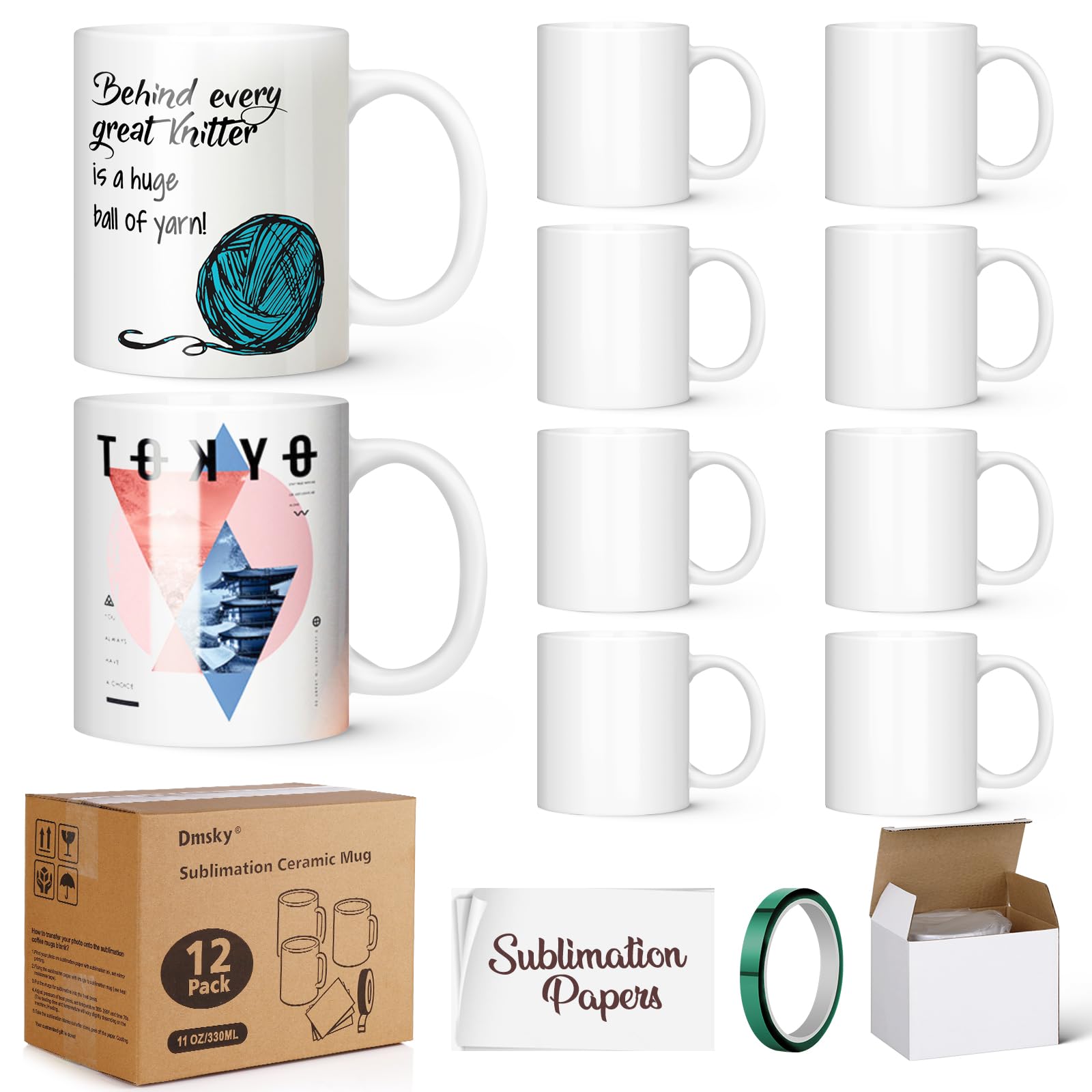Dmsky Sublimation Coffee Mugs Tazas Para Sublimar 11 oz Blank Bulk Coffee Mug White Ceramic Photo Cups With Box, Heat Tape, sublimation paper Ideal for Crafts Printing Set of 12