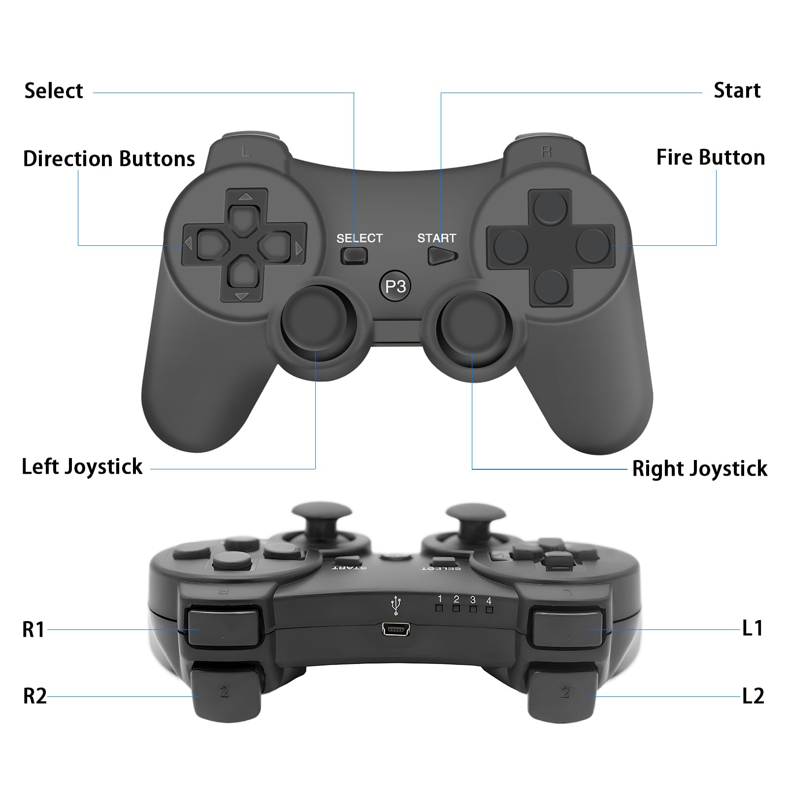 Eagolloar Wireless Controller for PS3, Dual Analog Bluetooth Rechargeable Game Controller for PS3 with Charging Cable,Dual Vibration