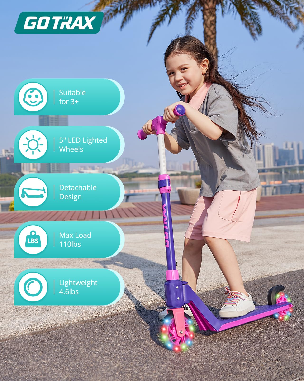 Gotrax K03 Kick Scooter for Kids, 5" LED Lighted Wheels and Adjustable Handlebars, Lightweight Design and Anti-Slip Deck, Max Load 110 Lbs, Kids Scooter for Boys & Girls Ages 3+, Purple