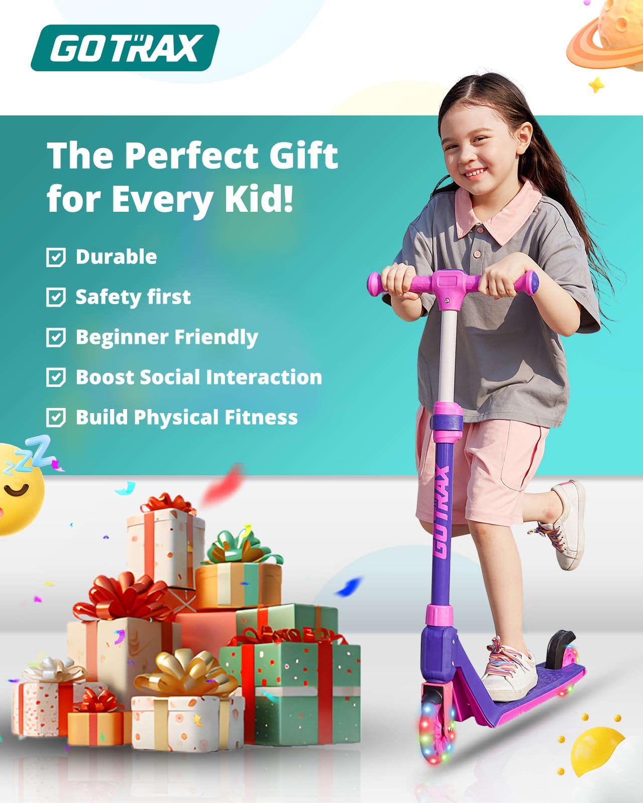 Gotrax K03 Kick Scooter for Kids, 5" LED Lighted Wheels and Adjustable Handlebars, Lightweight Design and Anti-Slip Deck, Max Load 110 Lbs, Kids Scooter for Boys & Girls Ages 3+, Purple