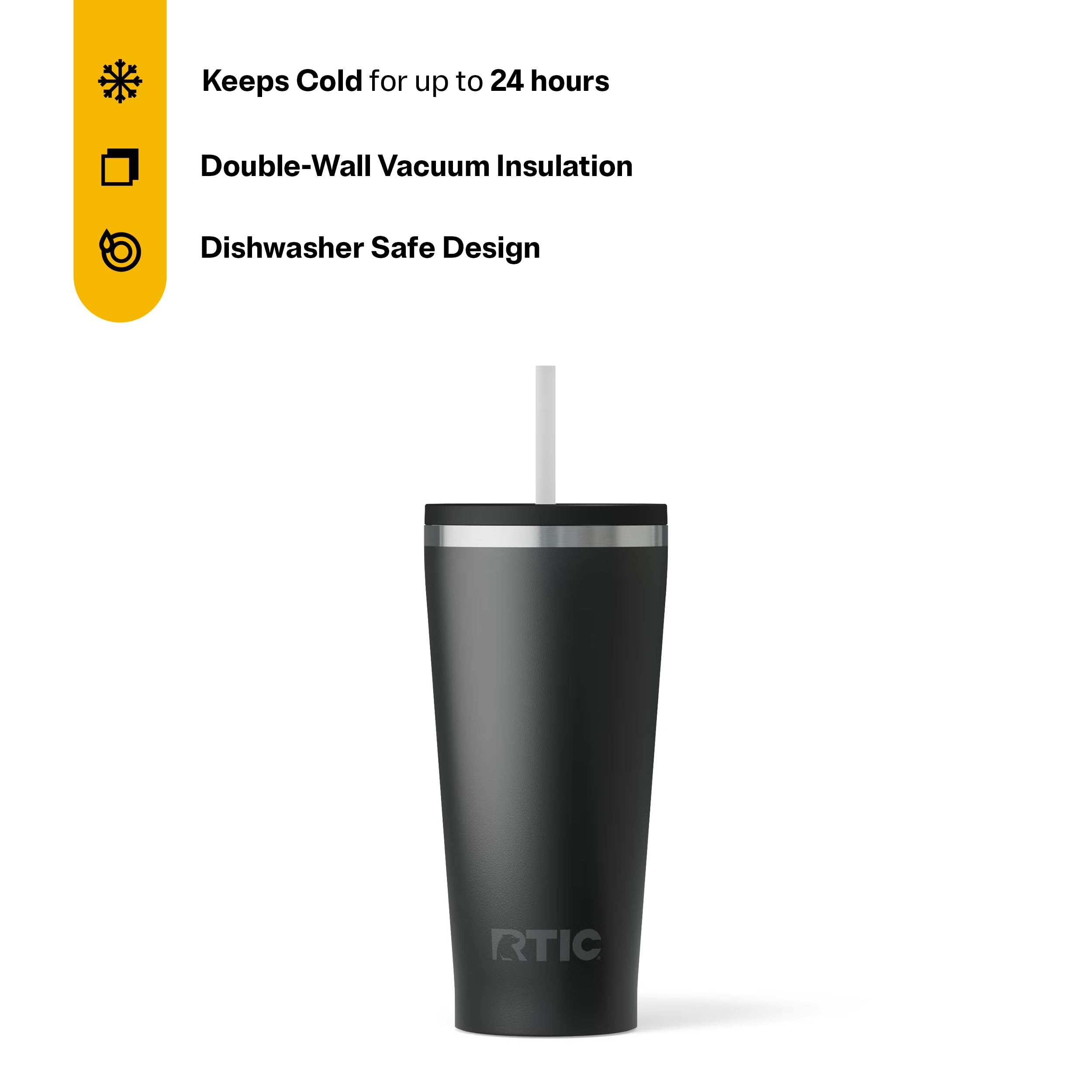 RTIC 20oz Everyday Tumbler Insulated Stainless Steel Portable Travel Coffee Cup with Straw, Spill-Resistant Lid, BPA-Free, Hot and Cold Drink, Ceramic Lining, Black