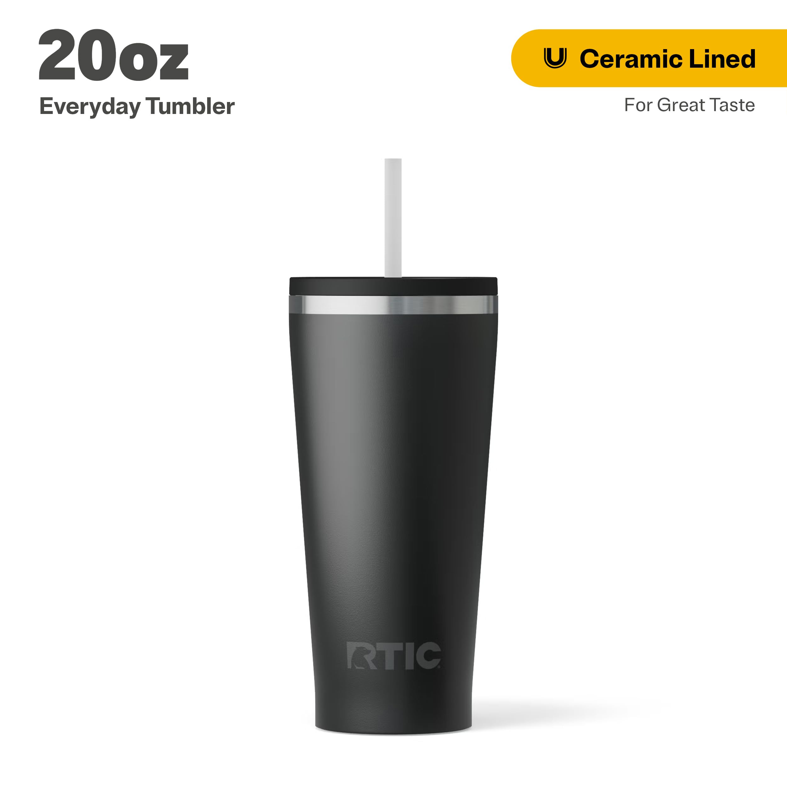 RTIC 20oz Everyday Tumbler Insulated Stainless Steel Portable Travel Coffee Cup with Straw, Spill-Resistant Lid, BPA-Free, Hot and Cold Drink, Ceramic Lining, Black