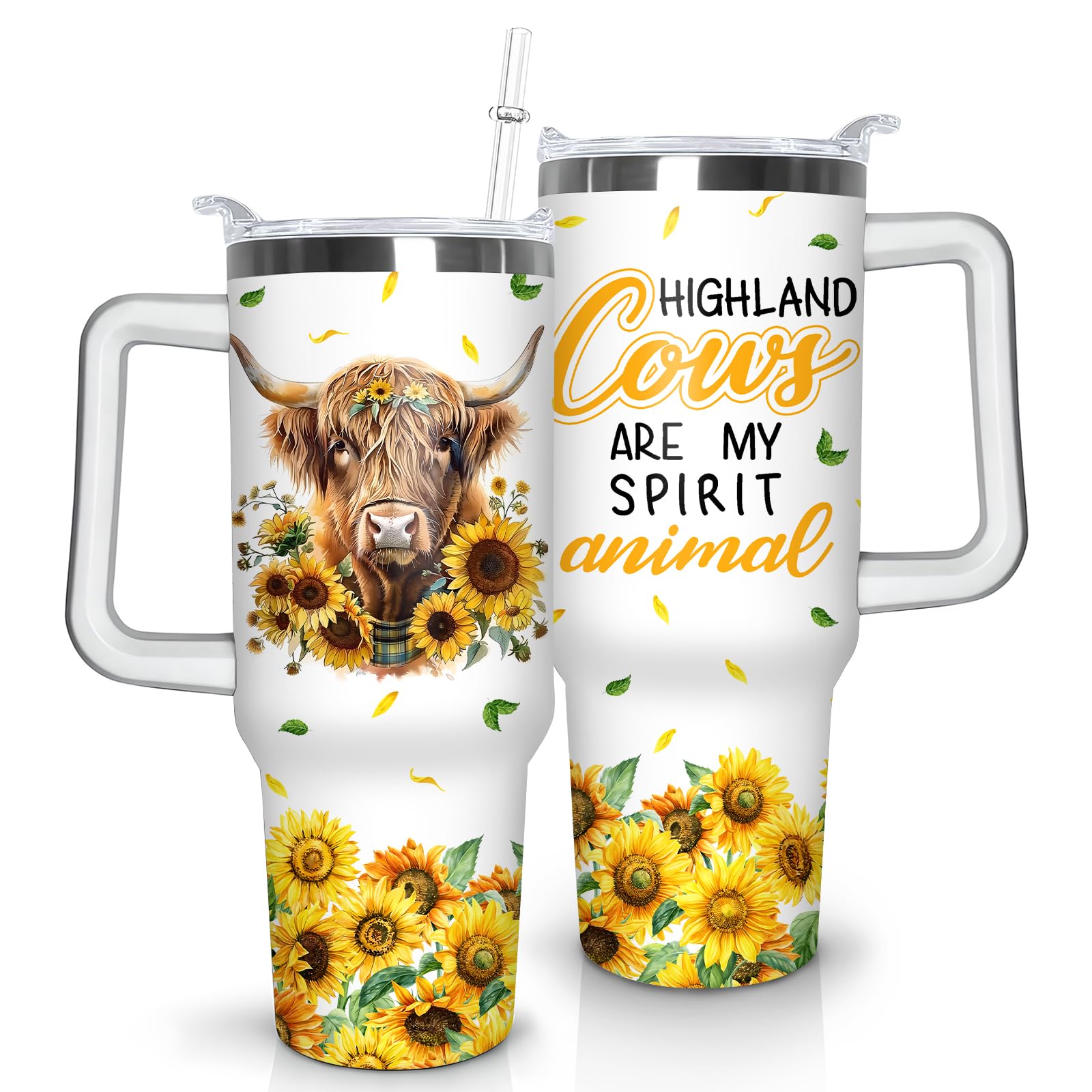 thmasamwr Cow Print Tumbler with Lid and Straw, Stainless Steel 40oz Tumbler with Handle, Sunflower Cow Print Travel Coffee Mug Water Bottle, Highland Cow Gifts Cups for Women and Girls