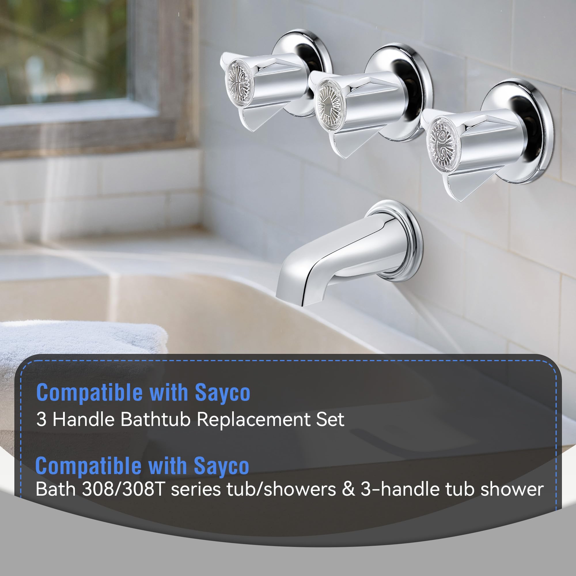 Dreyoo 3 Handle Bathtub Shower Tub Trim Set Compatible with Sayco Bathtub Faucets, 16 tooth Bathroom Shower Faucet Knobs Replacement, Hot, Cold and Diverted Sink Faucet Knobs Replacement Parts