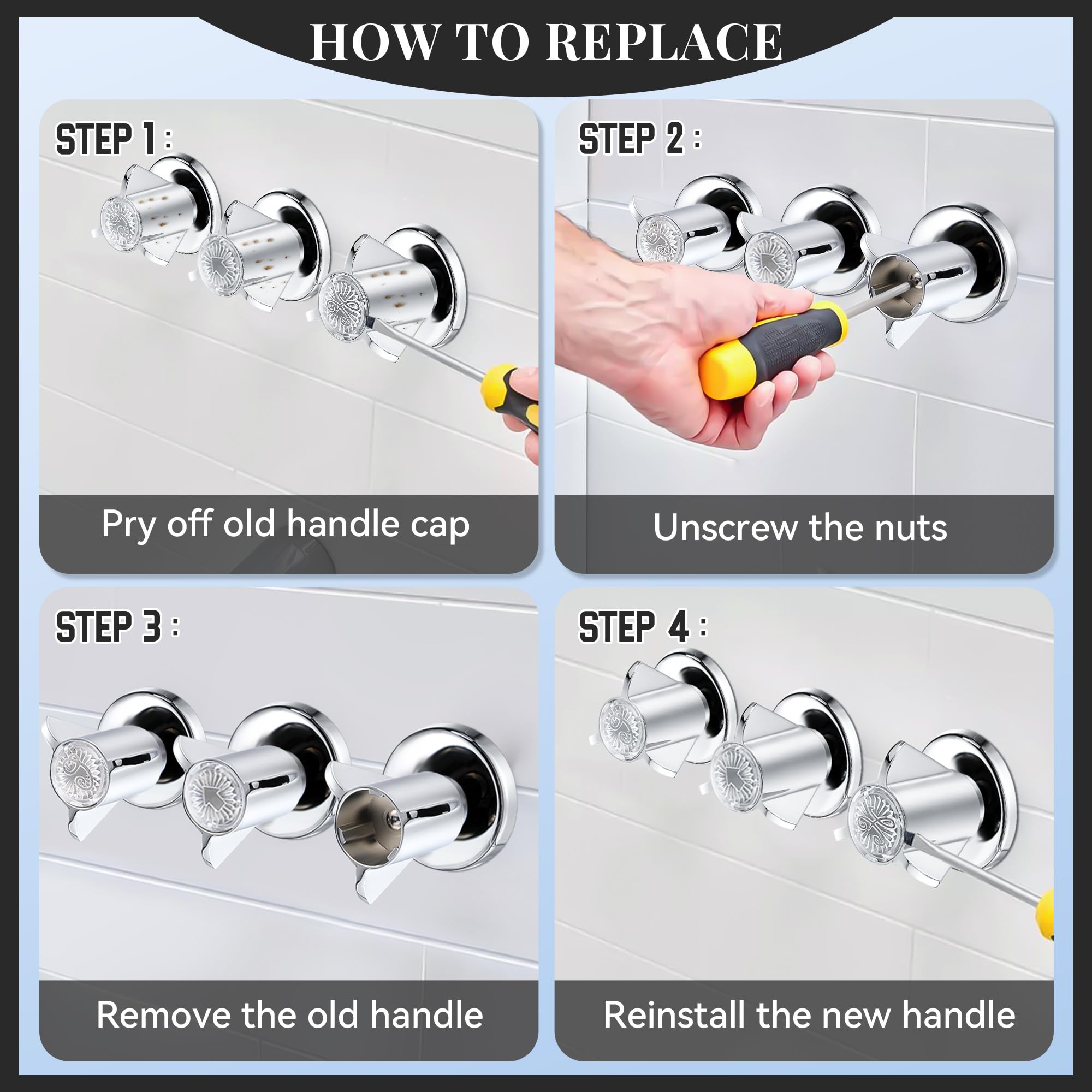 Dreyoo 3 Handle Bathtub Shower Tub Trim Set Compatible with Sayco Bathtub Faucets, 16 tooth Bathroom Shower Faucet Knobs Replacement, Hot, Cold and Diverted Sink Faucet Knobs Replacement Parts